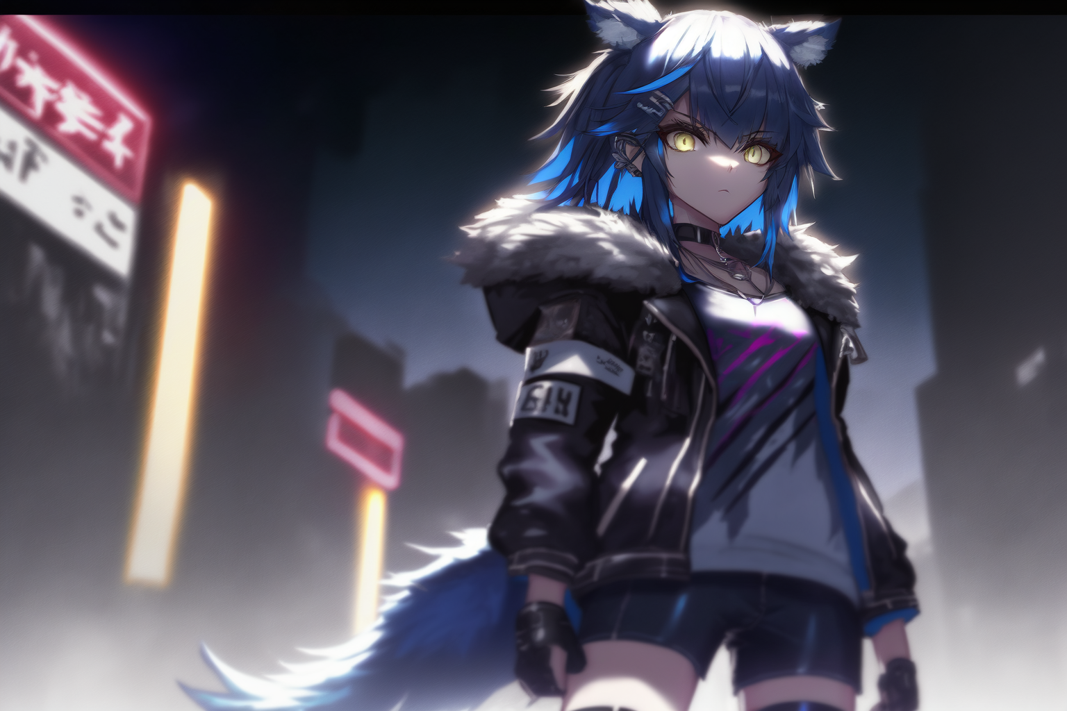 Safebooru - 1girl animal ears bangs black gloves black jacket blue hair chroma (crimson moon ...