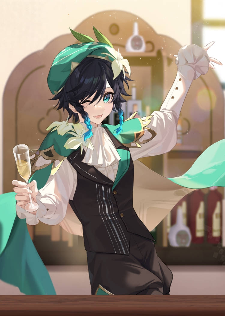 Safebooru - 1boy alcohol alternate costume aqua eyes aqua hair arm up ascot bangs bar (place ...