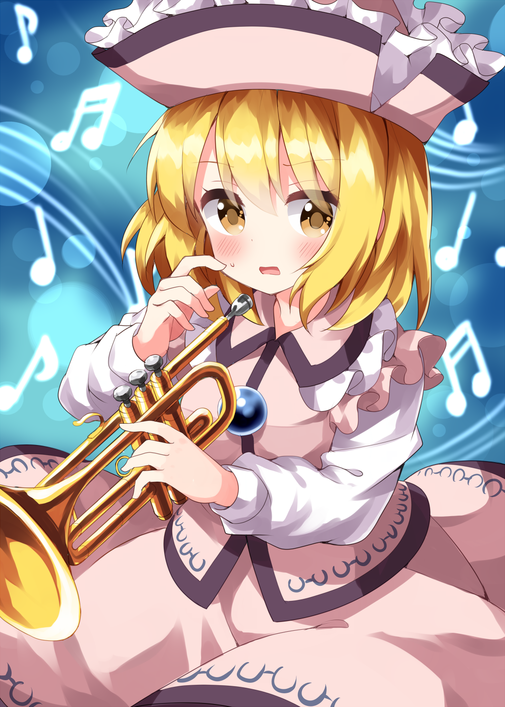 Safebooru - 1girl blonde hair blush buttons cosplay frilled hat frills ...