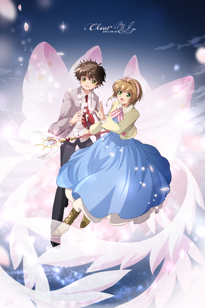 Safebooru - 1boy 1girl 2021 :d antenna hair black pants blazer blue dress brown footwear brown ...