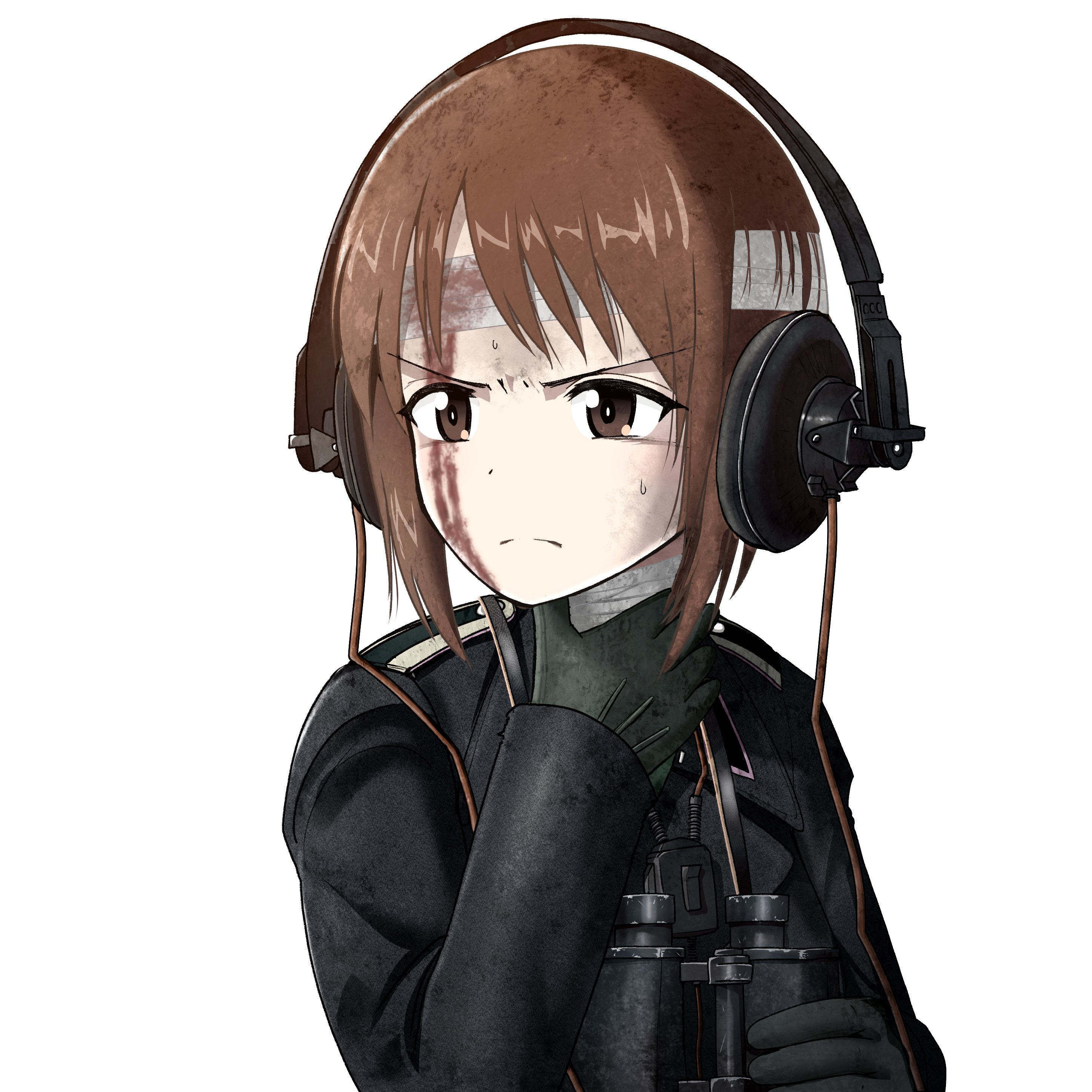 Safebooru - 1girl absurdres bandaged head bandages binoculars black jacket blood blood on face ...