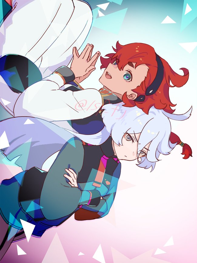 Safebooru - 2girls ahoge back-to-back black hairband black jacket blue eyes blunt ends crossed ...