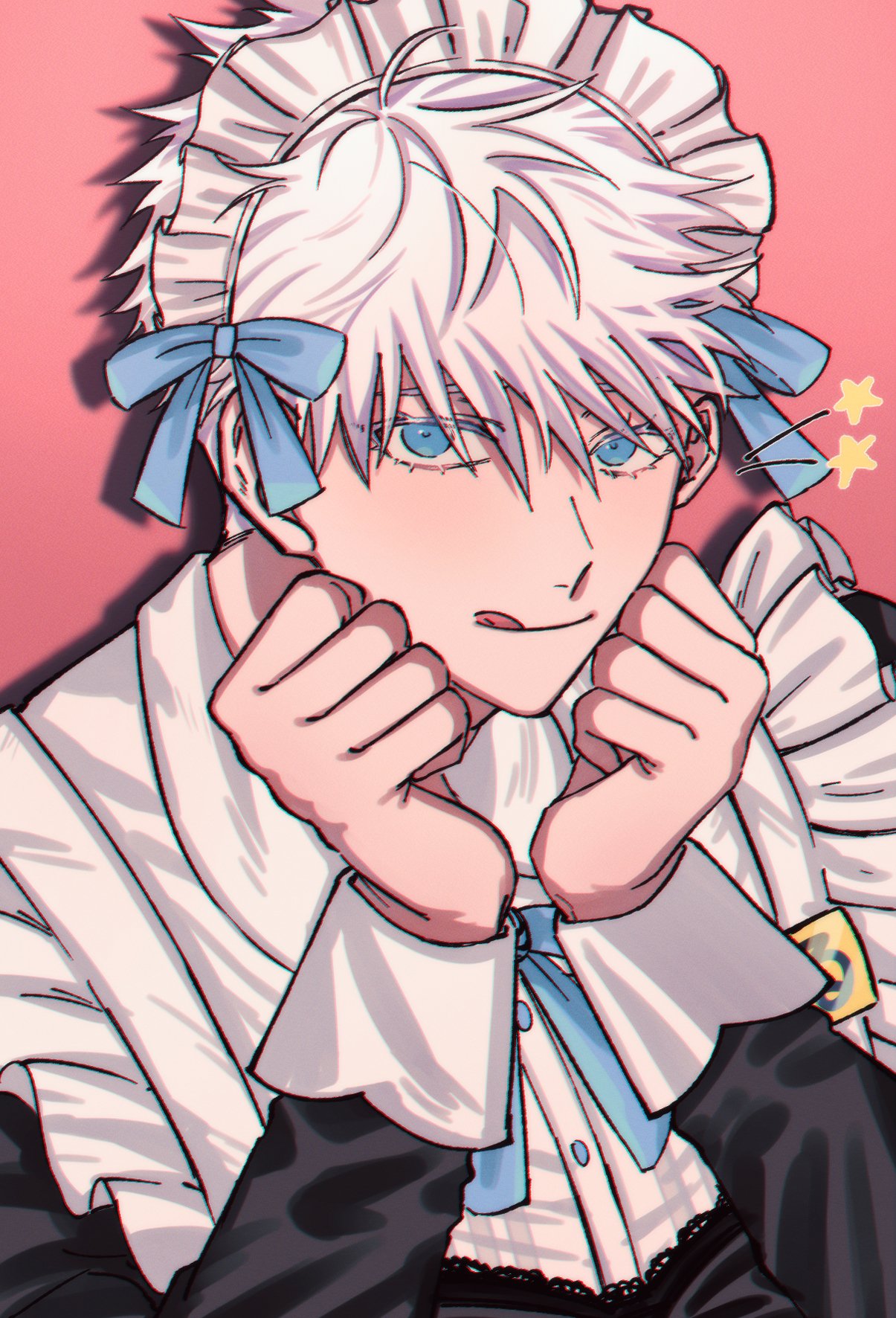 Safebooru - 1boy :q apron bangs black dress blue eyes blue ribbon blush crossdressing dress ...