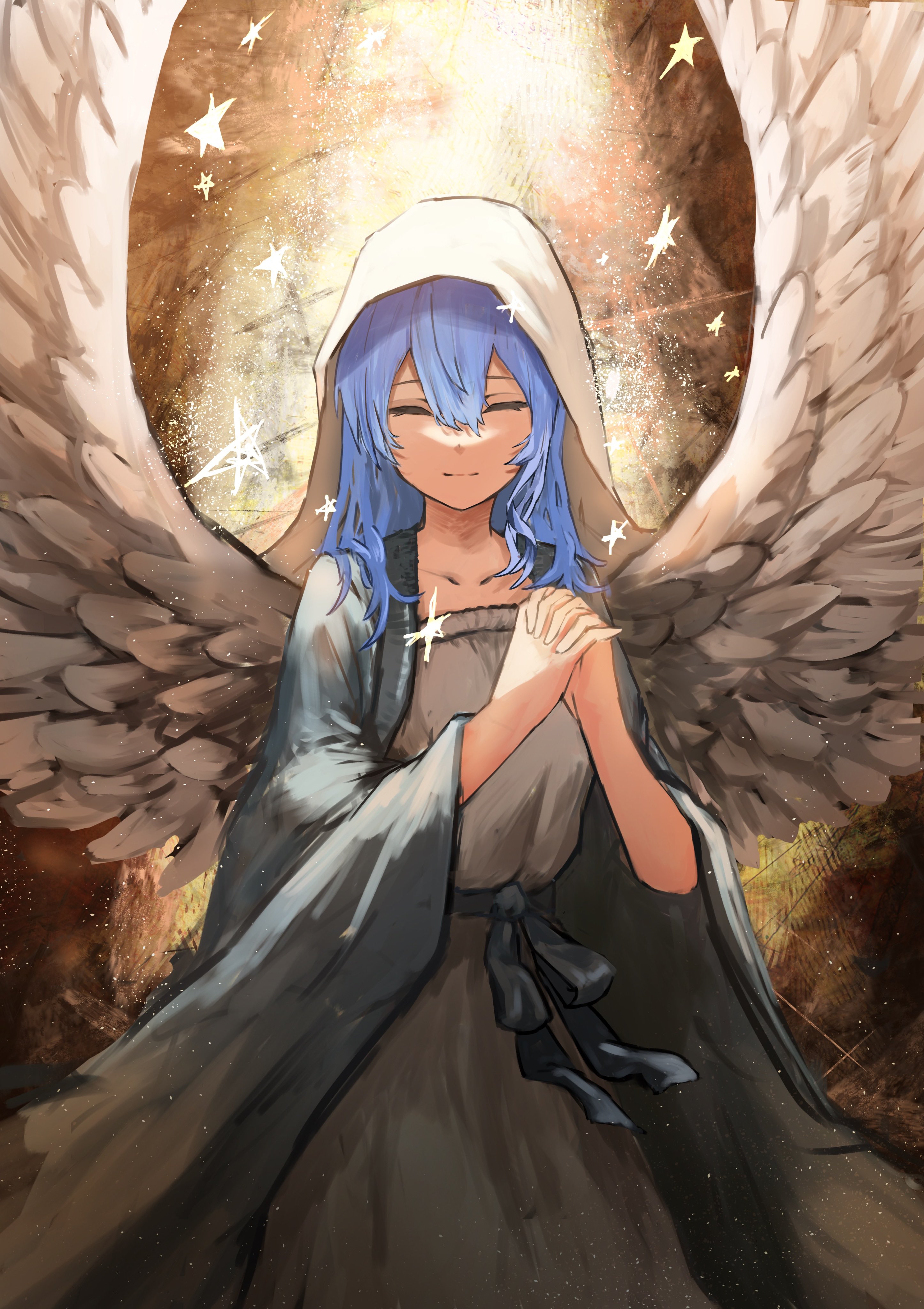 Safebooru - 1girl absurdres angel wings blue hair closed eyes dress highres hololive hoshimachi ...