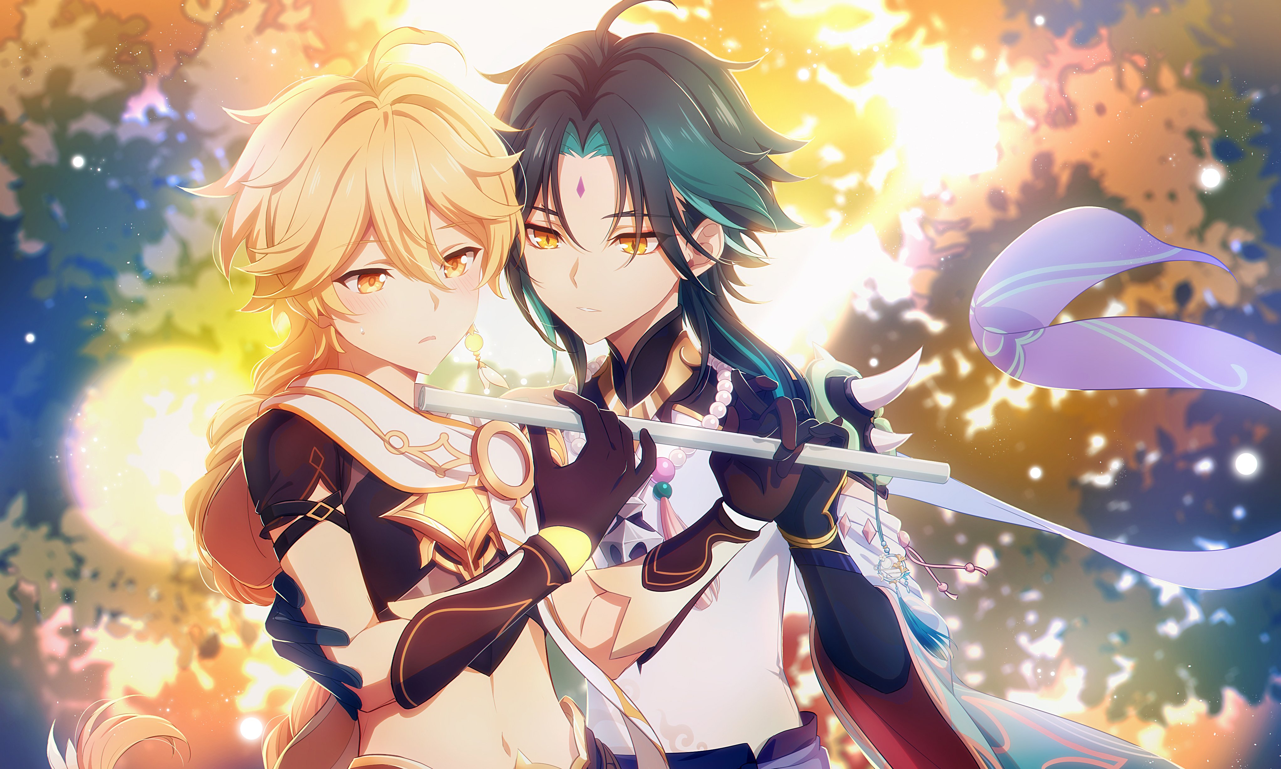 Safebooru - 2boys absurdres aether (genshin impact) ahoge arm around ...