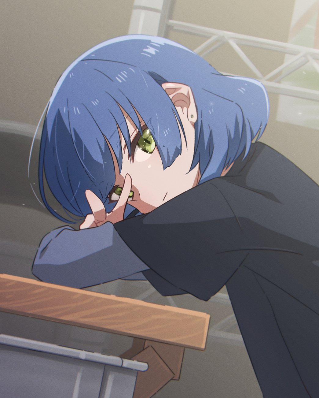 Safebooru - 1girl bangs black shirt blue hair bocchi the rock! closed mouth desk fuichocobana ...