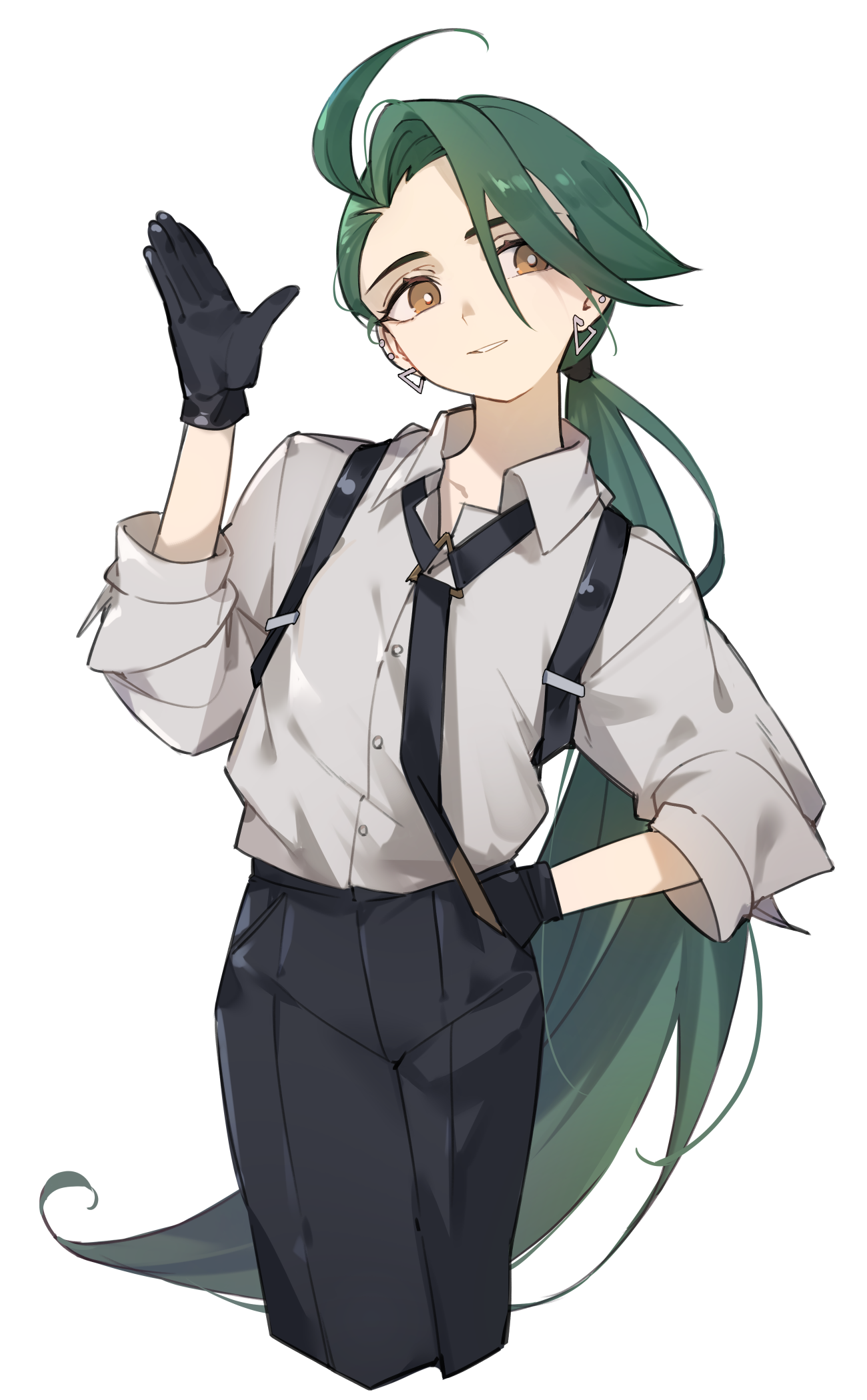 Safebooru - 1girl ahoge bangs black gloves black necktie black pants bright pupils brown eyes ...