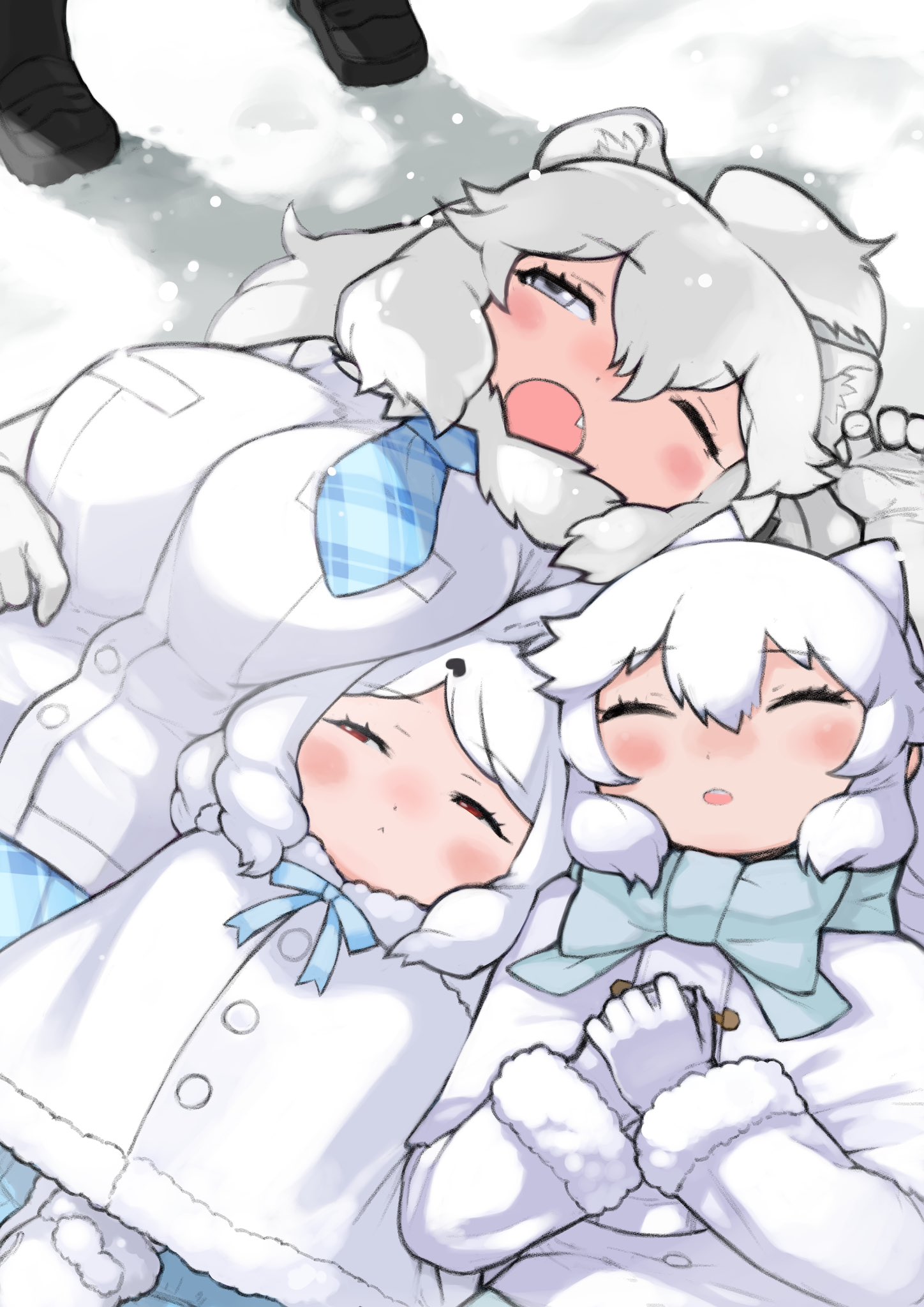 Safebooru - 3girls animal ears arctic fox (kemono friends) arctic hare (kemono friends) blue bow ...