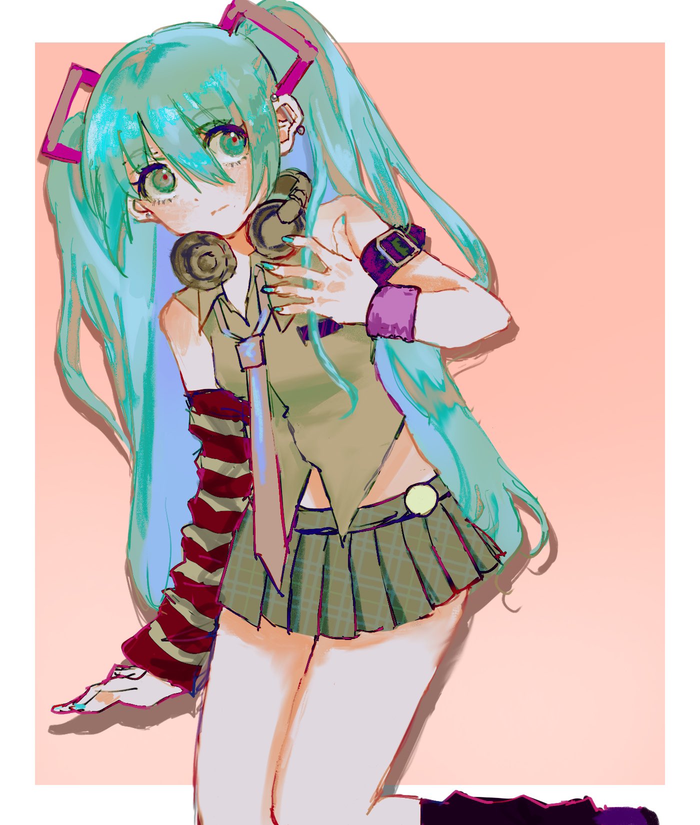 Safebooru - 1girl aqua eyes aqua hair aqua nails arm support bangs bare shoulders black socks ...