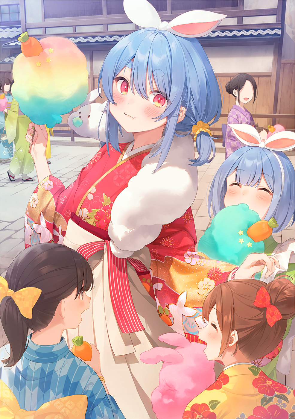 Safebooru - 6+girls :t bangs blue hair blue kimono blush carrot closed eyes closed mouth cotton ...