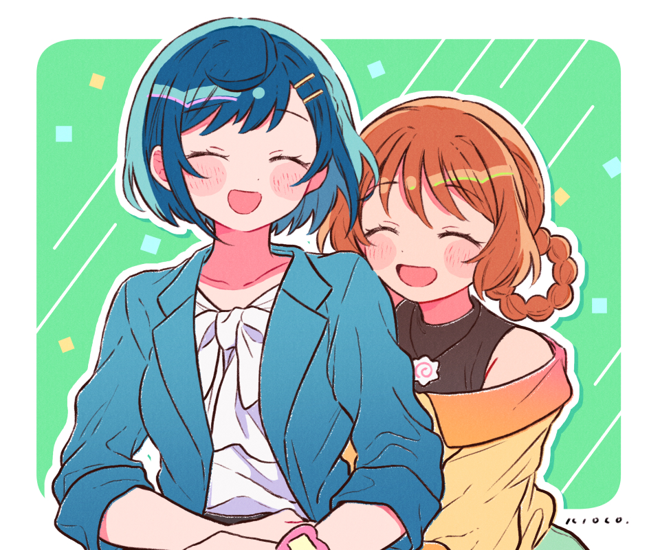 Safebooru - 2girls bangs blue hair blue jacket blush brown hair closed eyes delicious party ...