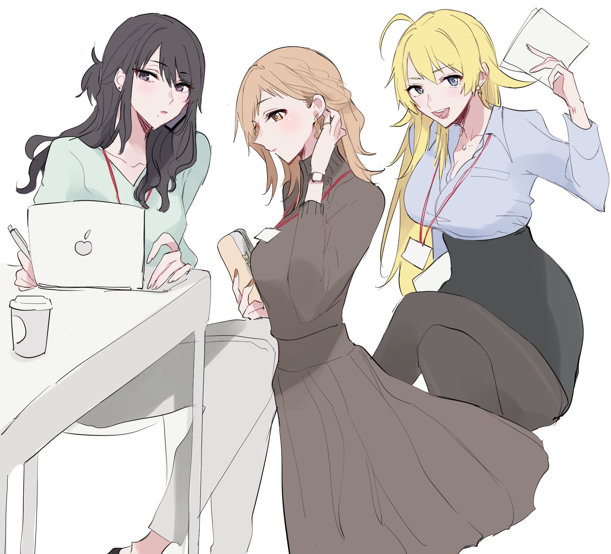 Safebooru - 3girls adjusting hair aged up ahoge aqua shirt black hair black sweater blonde hair ...