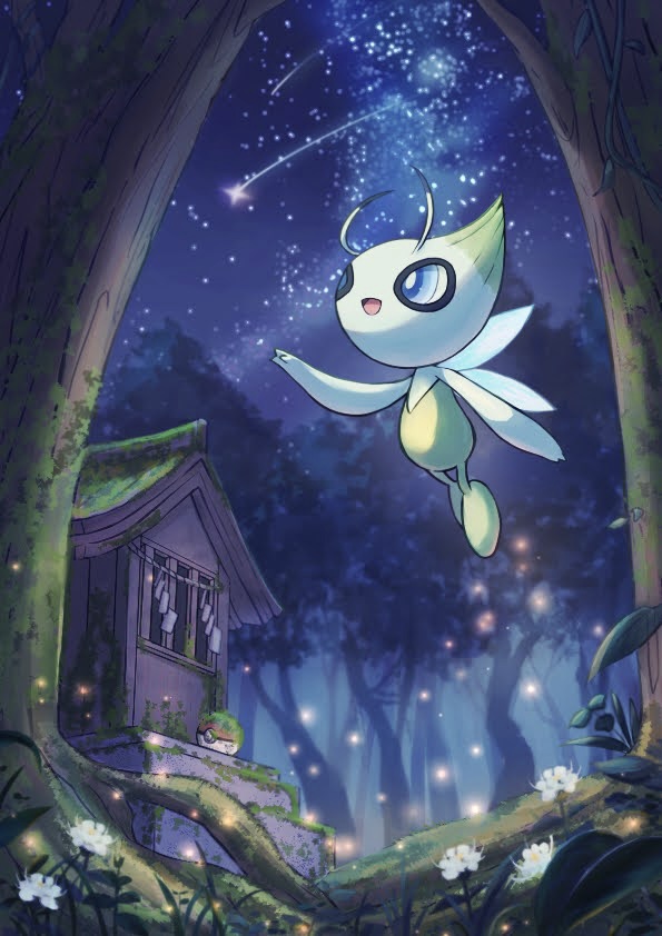 Safebooru - :d blue eyes bright pupils celebi commentary request flower flying forest luna ...