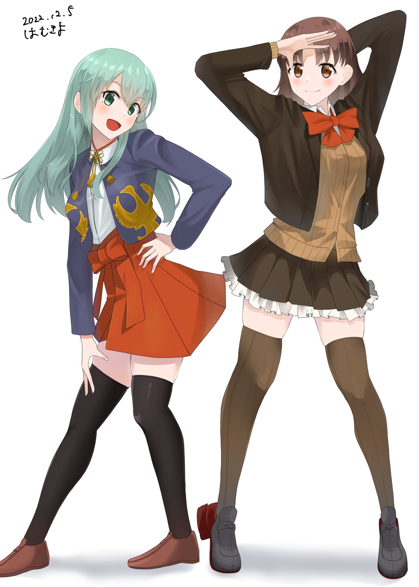Safebooru - 2girls black thighhighs blouse blue jacket bow bowtie brown cardigan brown eyes ...