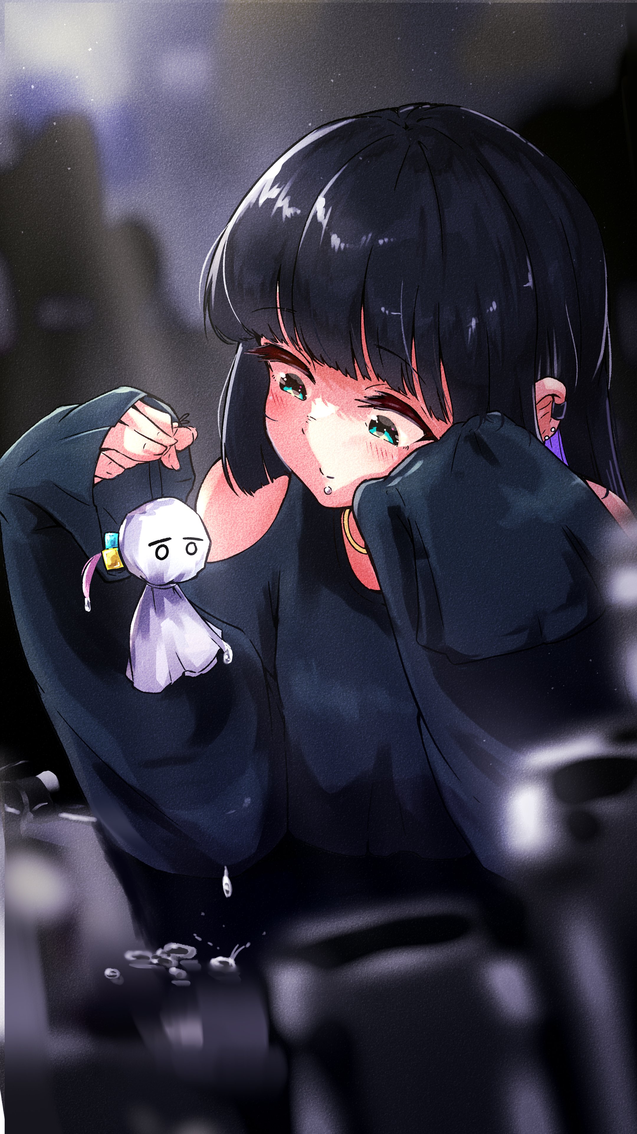 Safebooru - 1girl absurdres aqua eyes bangs bare shoulders black dress black hair blunt bangs ...