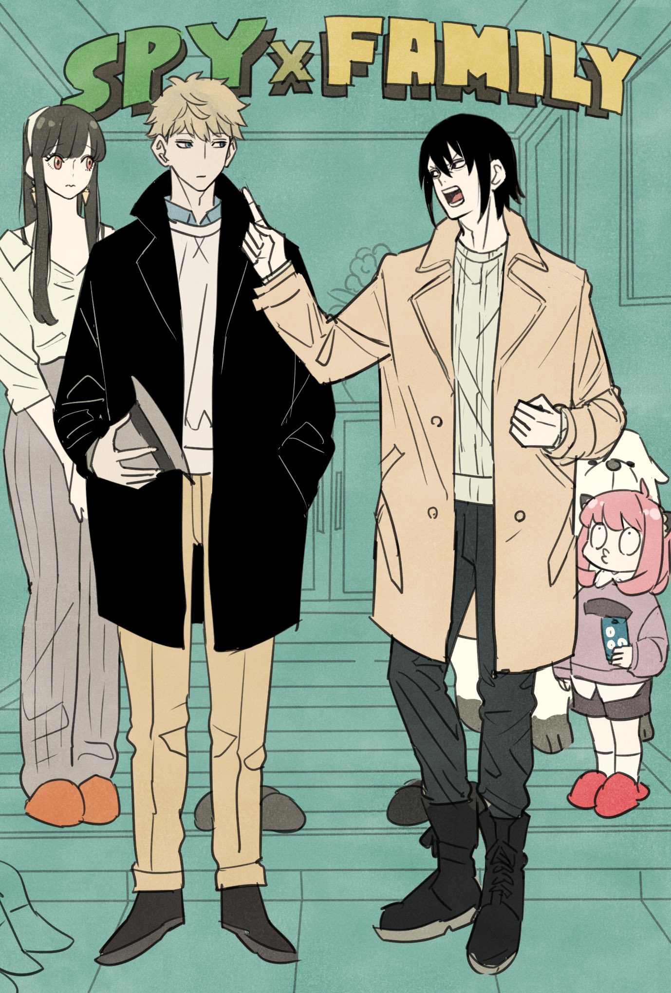 Safebooru - anya (spy x family) black coat black footwear black hair blonde hair blue shirt bond ...