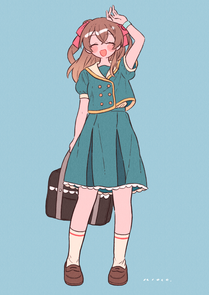 Safebooru - 1girl bag bangs blue background blue skirt blush bow brown hair closed eyes ...