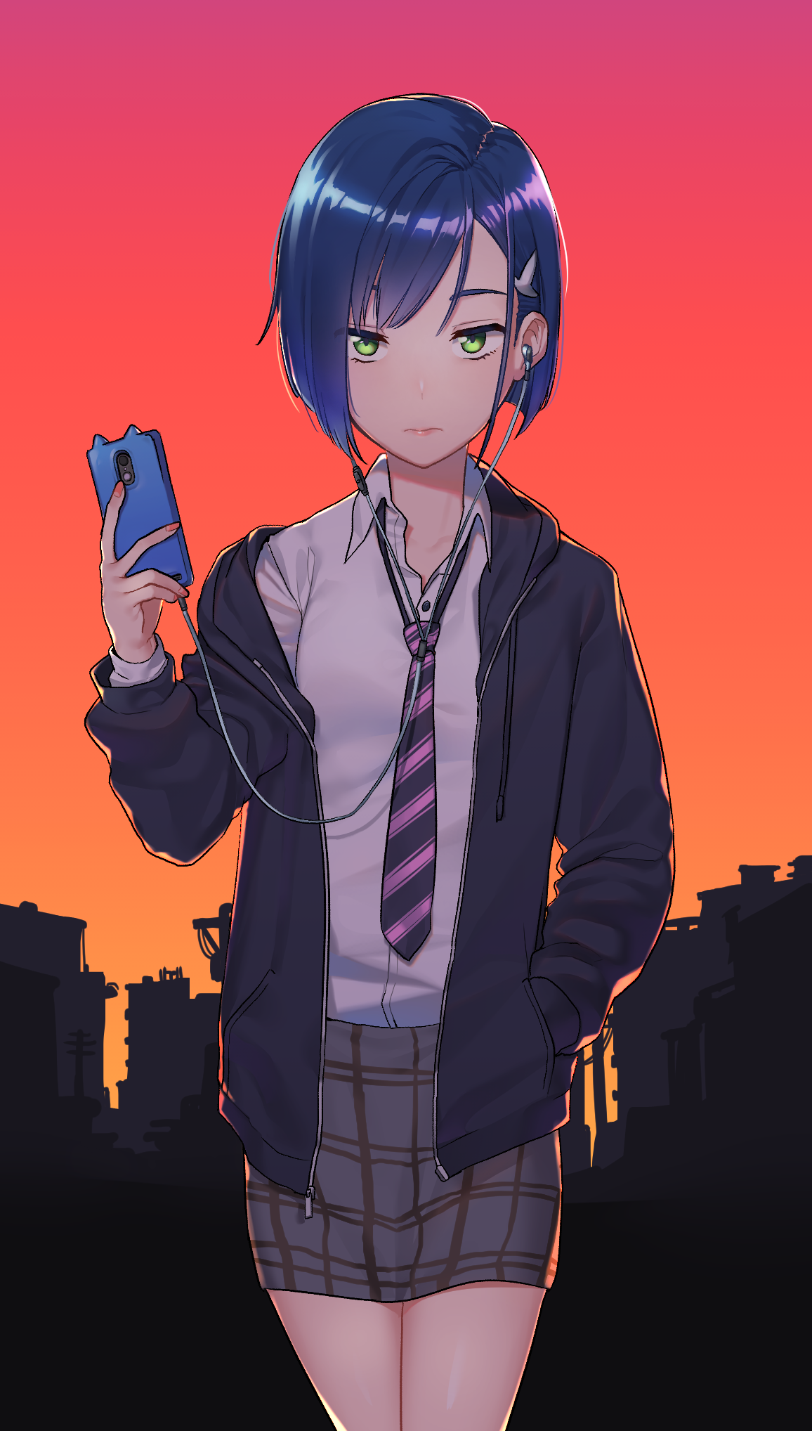 Safebooru - 1girl :| backlighting bangs black background black hoodie black necktie blue hair ...