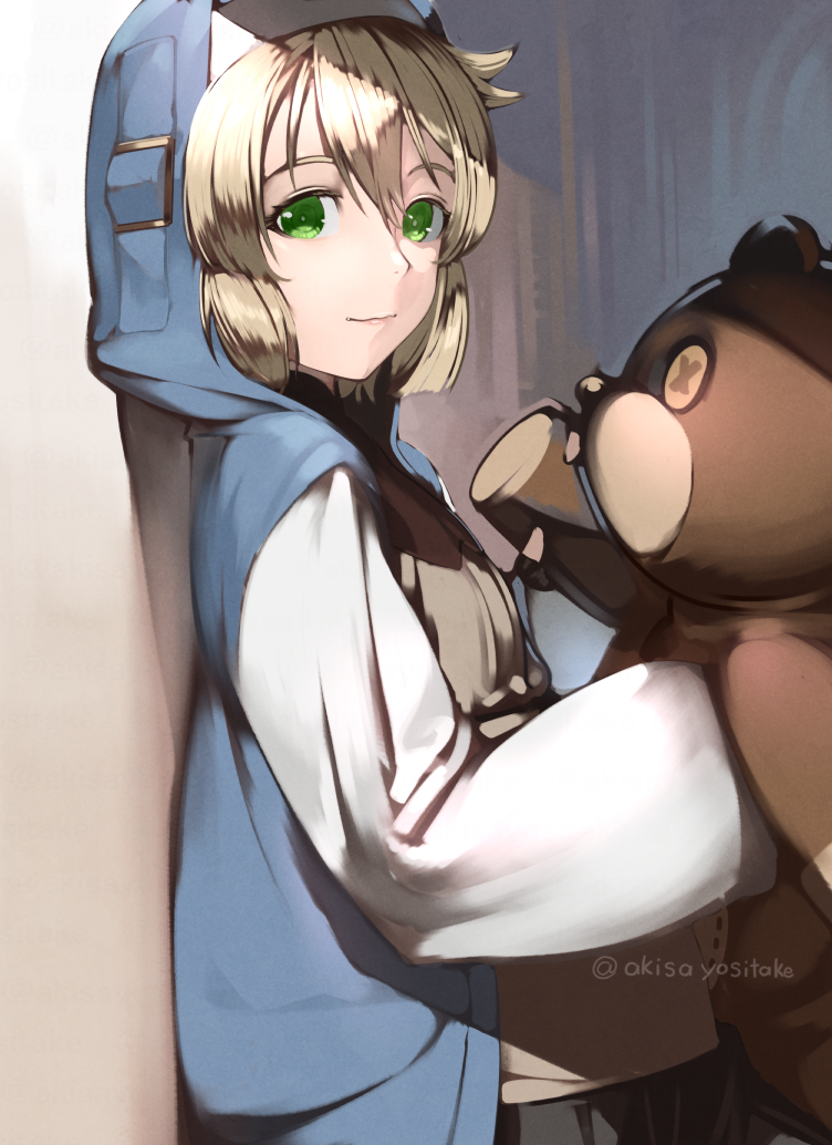 Safebooru - 1girl akisa yositake artist name bangs black skirt blonde hair blue jacket bridget ...