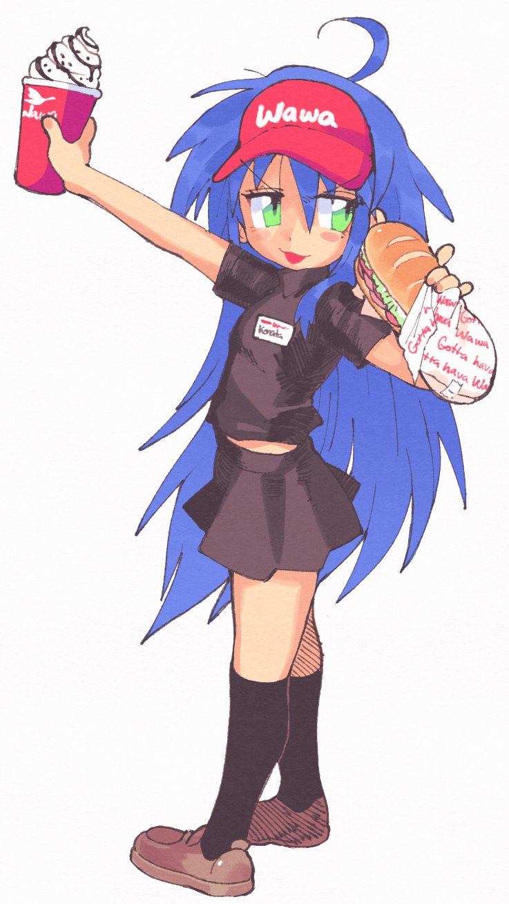 Safebooru - 1girl :3 ahoge arm up bangs black shirt black skirt black socks blue hair blush ...