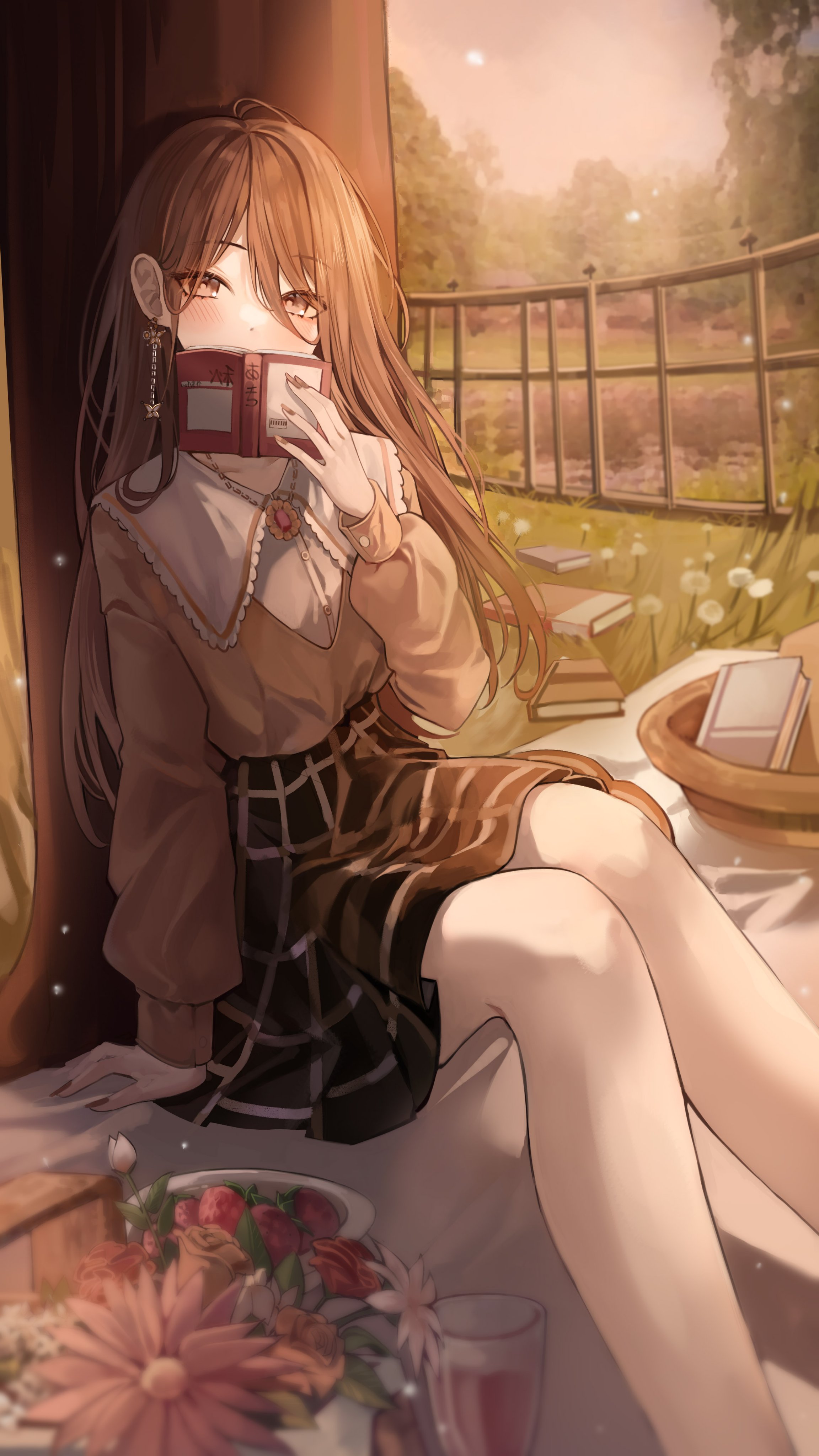 Safebooru - 1girl absurdres against tree autumn bangs black skirt blurry blurry background ...