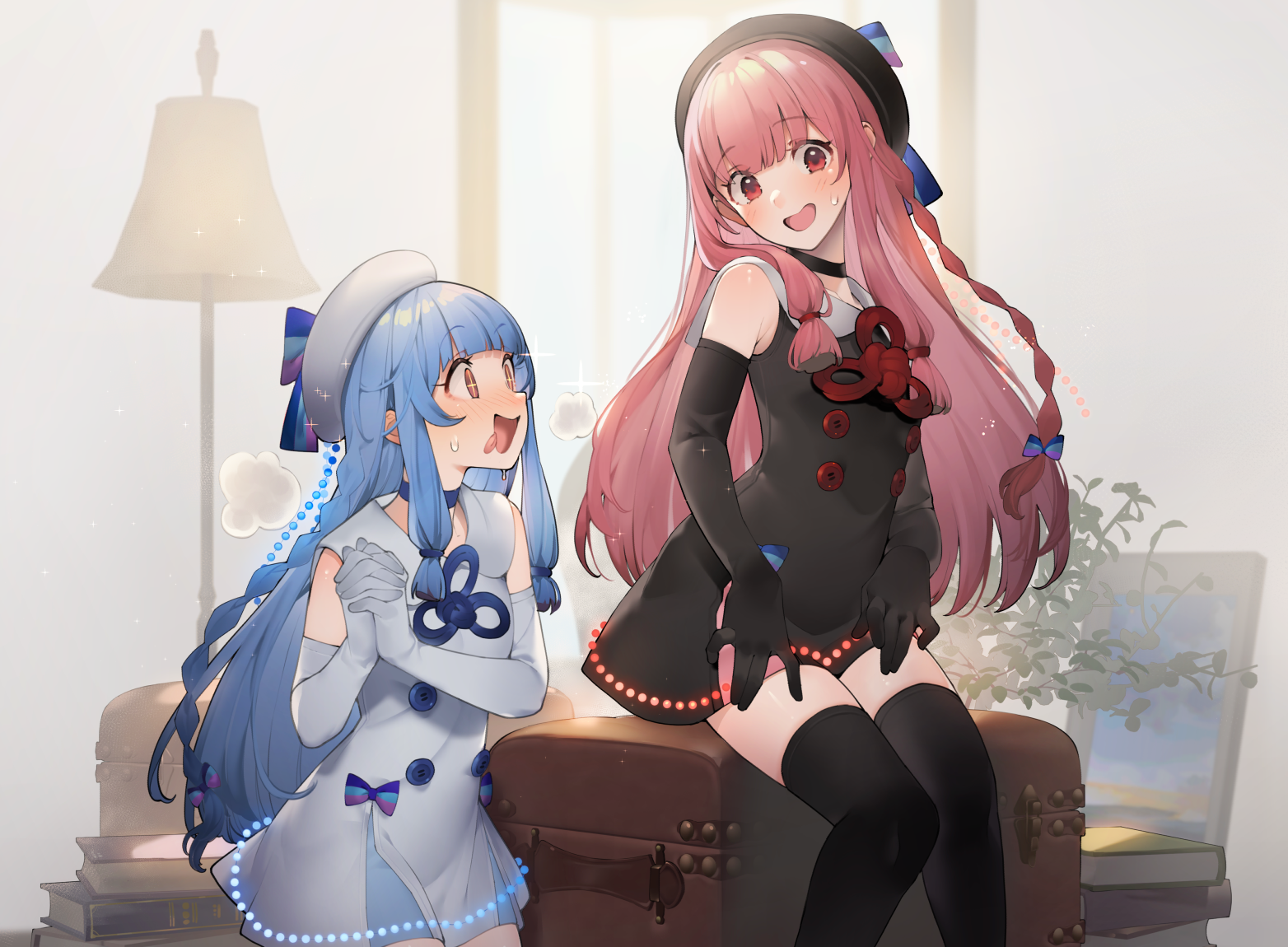 Safebooru - + + 2girls :d bangs beret black dress black gloves black headwear black thighhighs ...