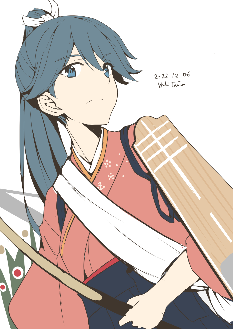 Safebooru - 1girl black hakama blue eyes blue hair bow (weapon) flight ...