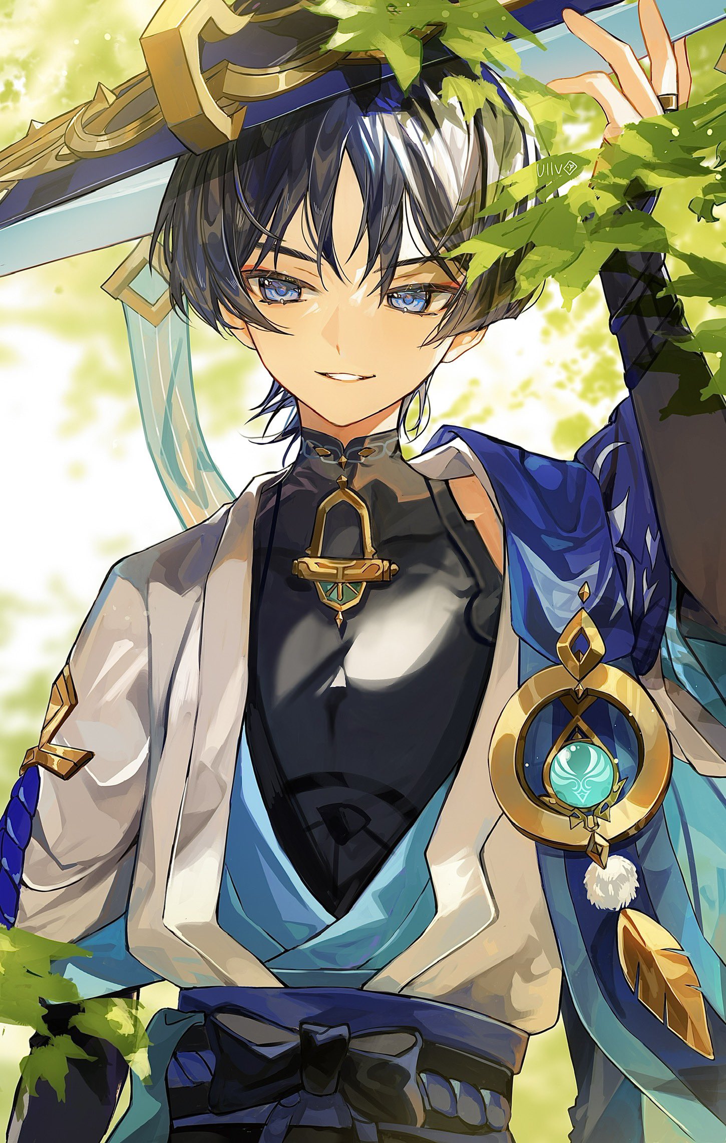 Safebooru - 1boy arm up artist name bangs black bow black hair black shirt bloom blue cape blue ...