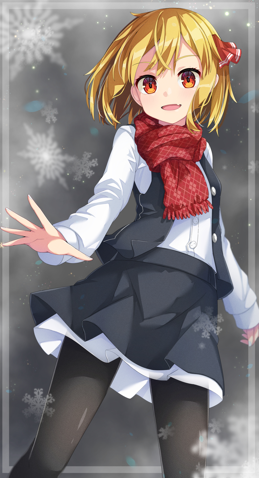 Safebooru - 1girl :d argyle argyle scarf bangs black pantyhose black skirt black vest blonde ...