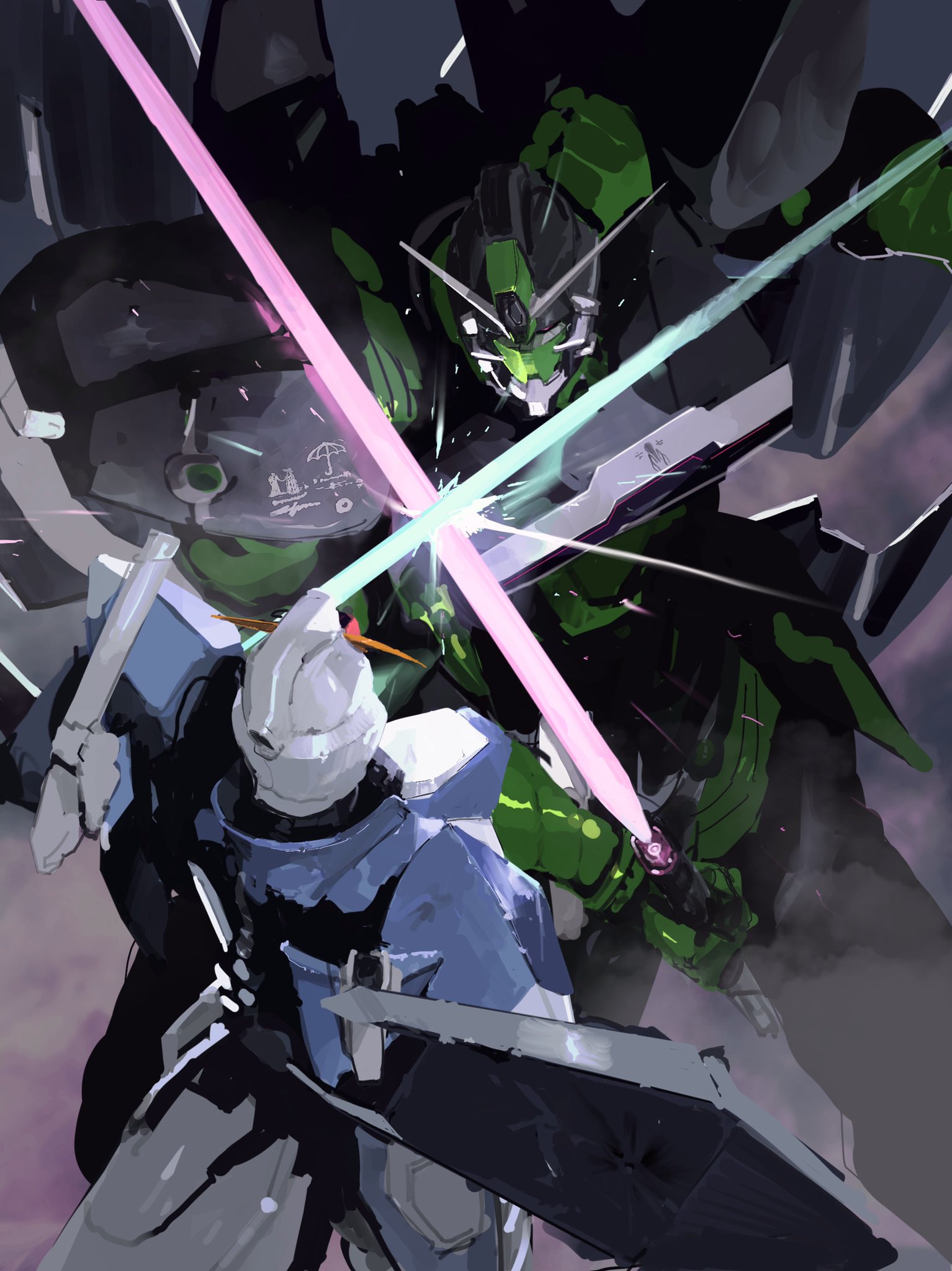 Safebooru - beam saber fighting gundam highres holding holding sword ...