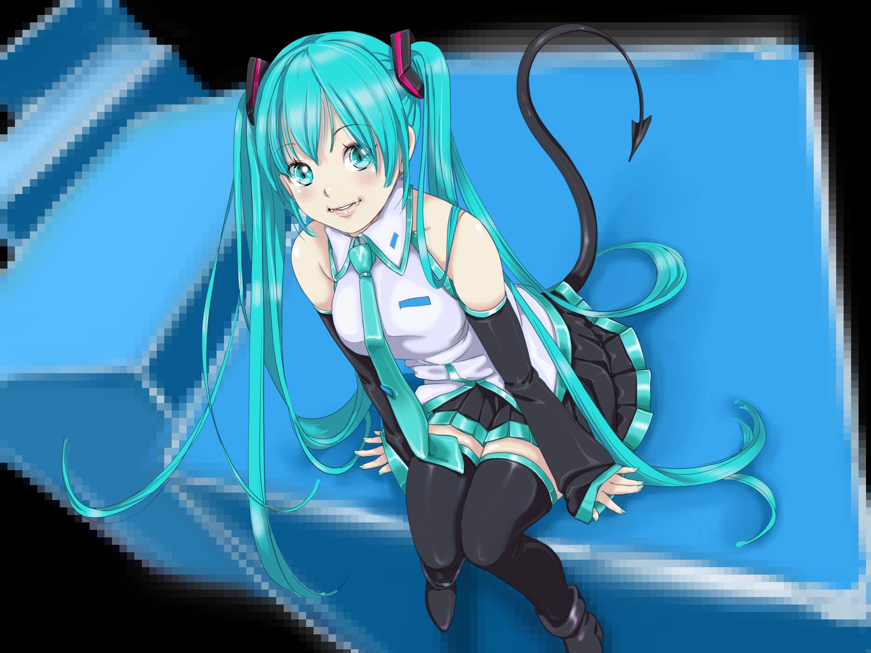 Safebooru - 1girl aqua eyes aqua hair aqua nails aqua necktie black footwear black skirt boots ...