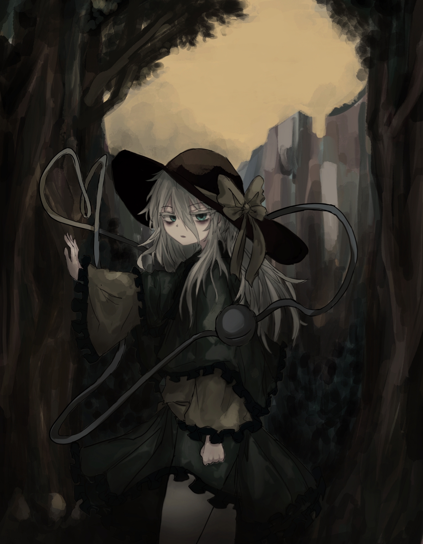 Safebooru - 1girl bags under eyes bangs black headwear blouse bow buttons capelet cowboy shot ...