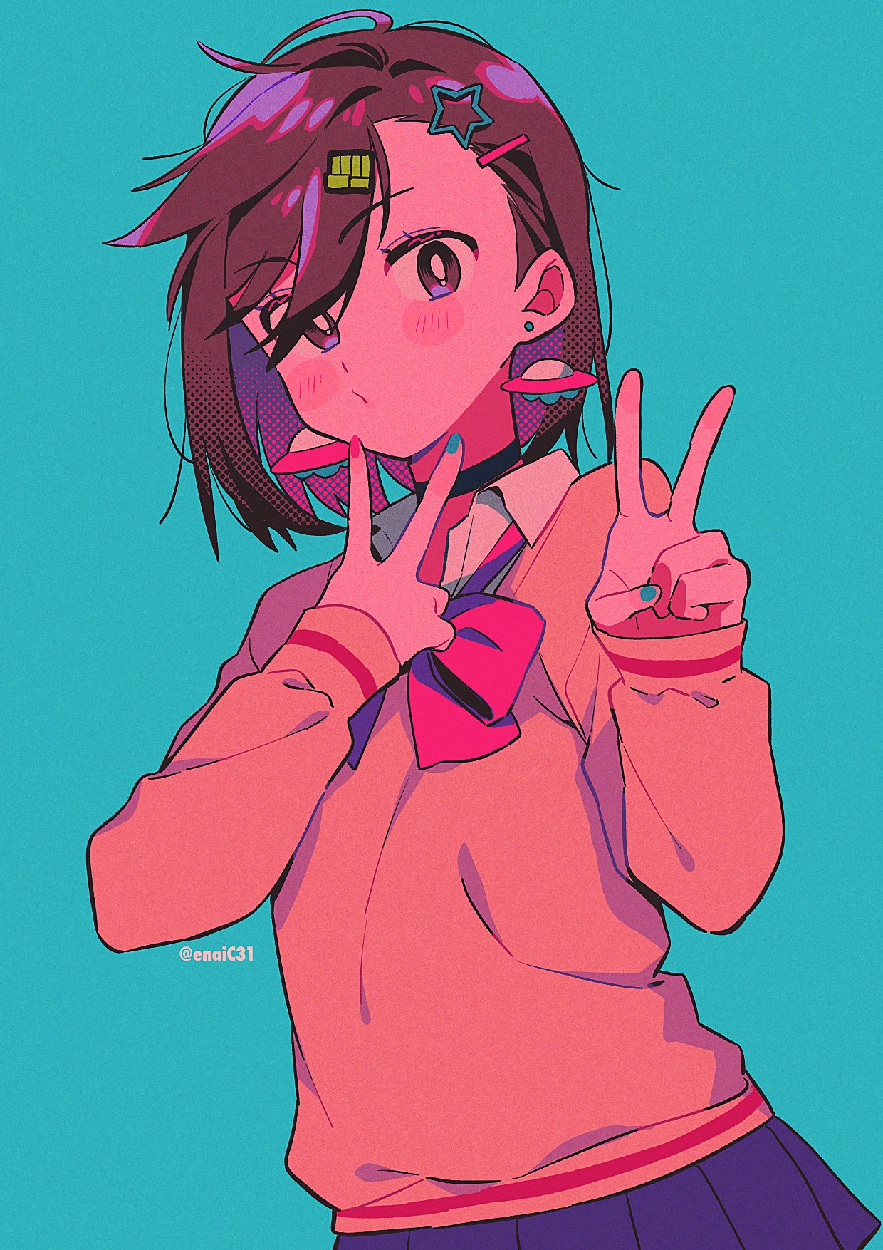 Safebooru - 1girl ayase momo bangs blue background blunt bangs brown ...