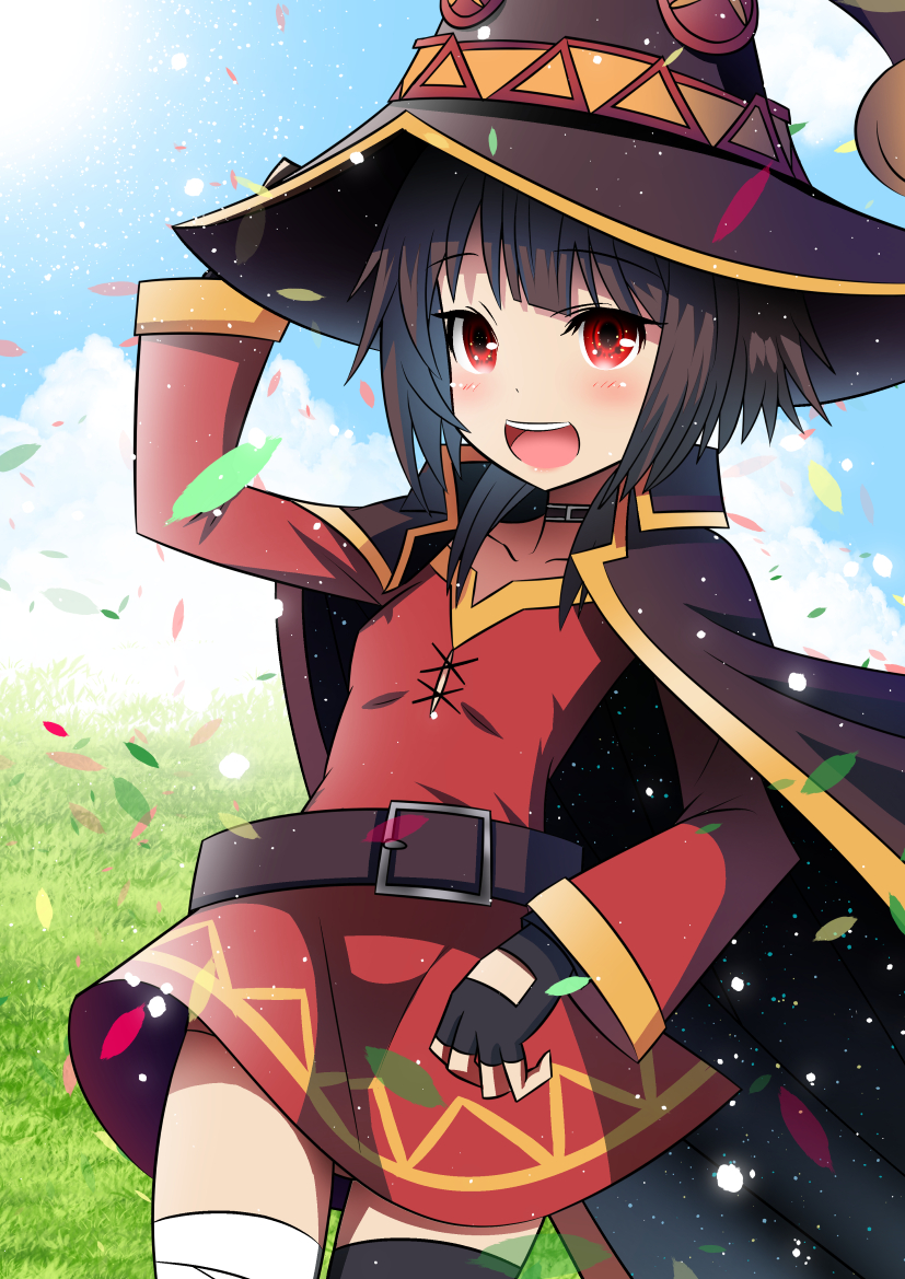 Safebooru - 1girl :d adjusting clothes adjusting headwear ai wa muteki bandaged leg bandages ...