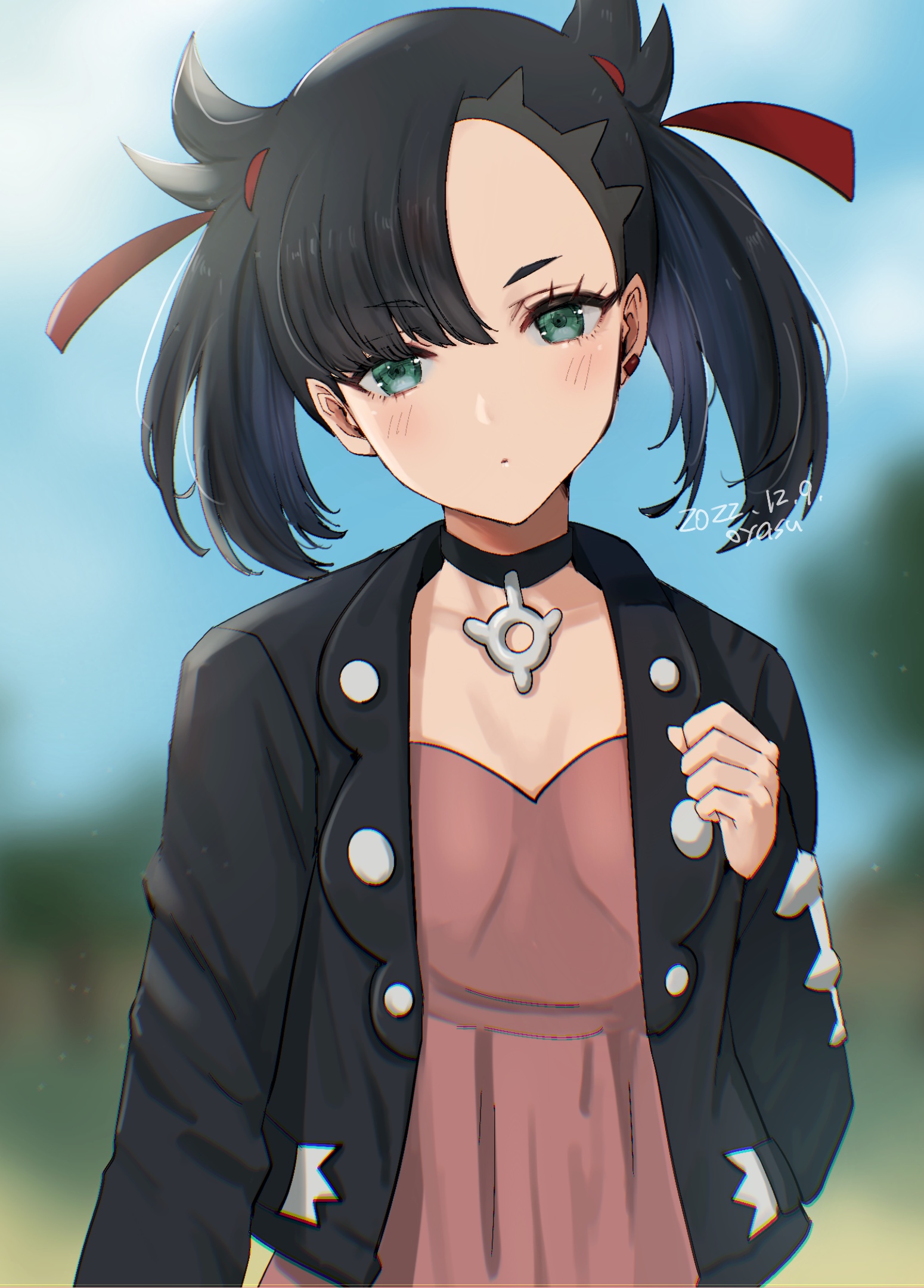 Safebooru - 1girl asymmetrical bangs bangs black choker black hair black jacket blurry blurry ...