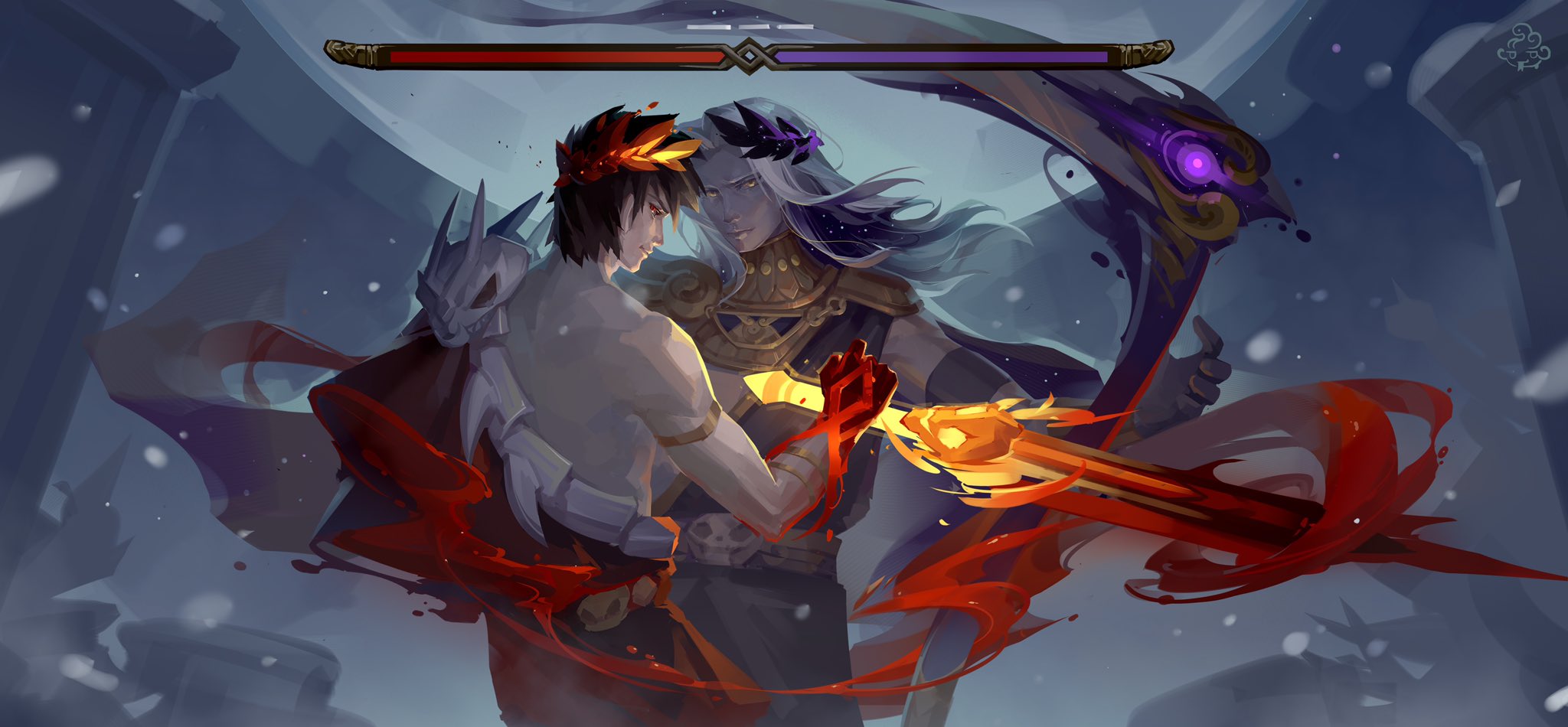 Safebooru - 2boys asymmetrical clothes black hair column face-to-face flaming sword flaming ...