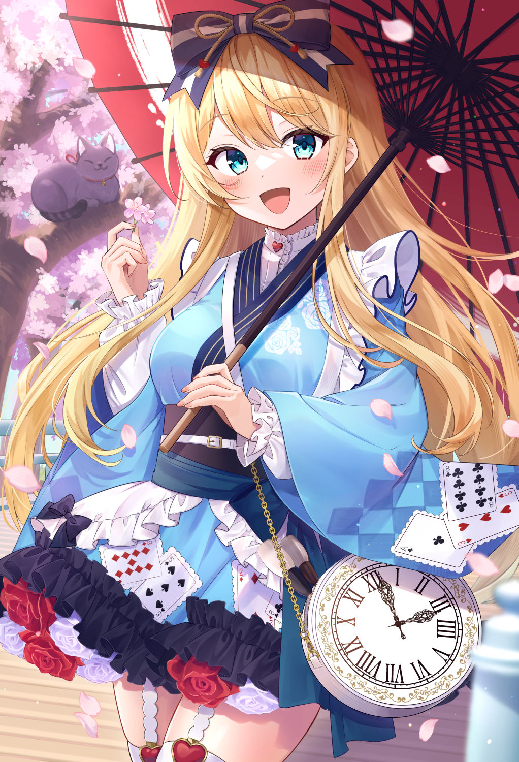 Safebooru - 1girl blonde hair blue dress blue kimono blush breasts card ...