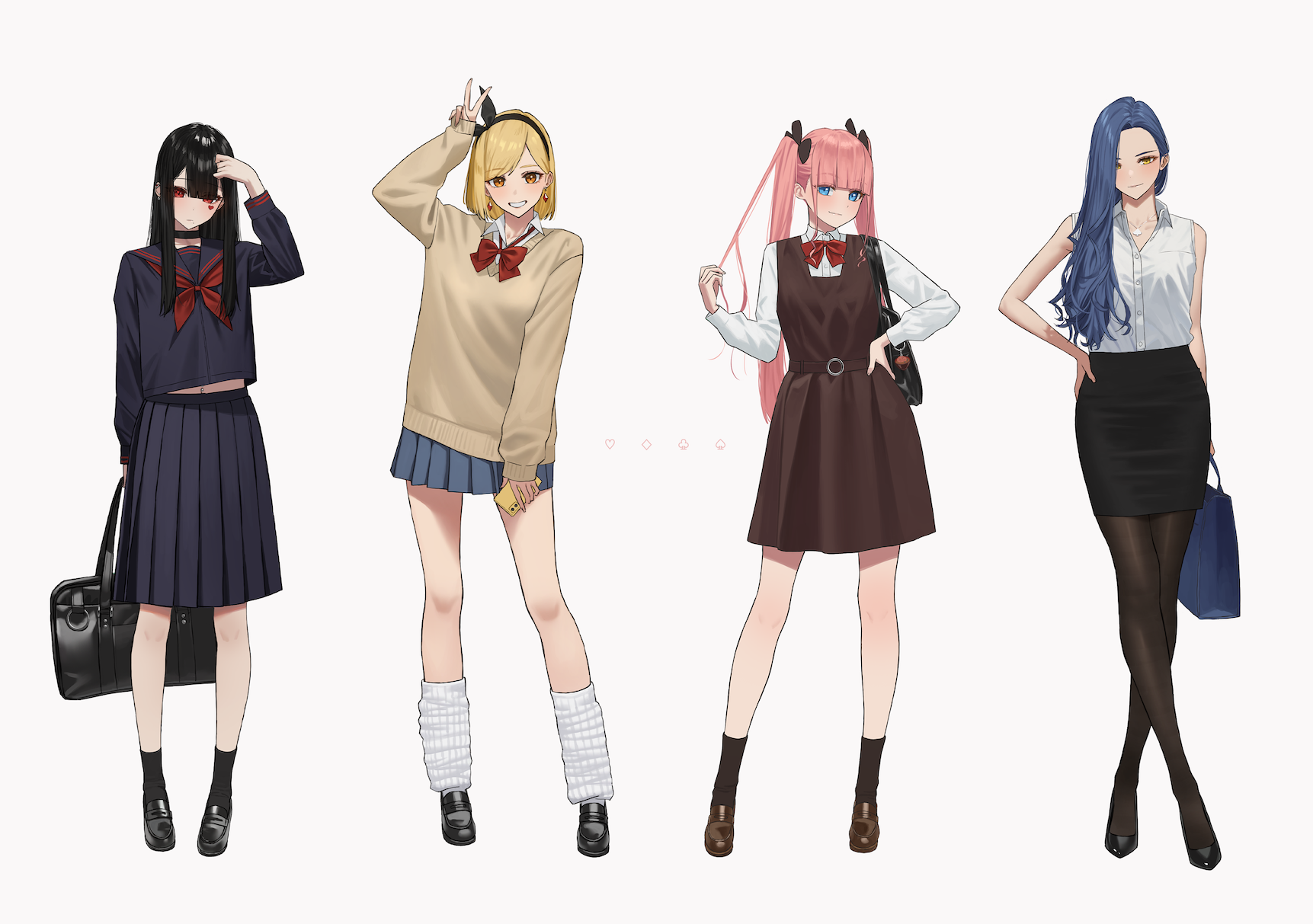 Safebooru - 4girls bag bangs bare shoulders black footwear black hair black pantyhose black ...