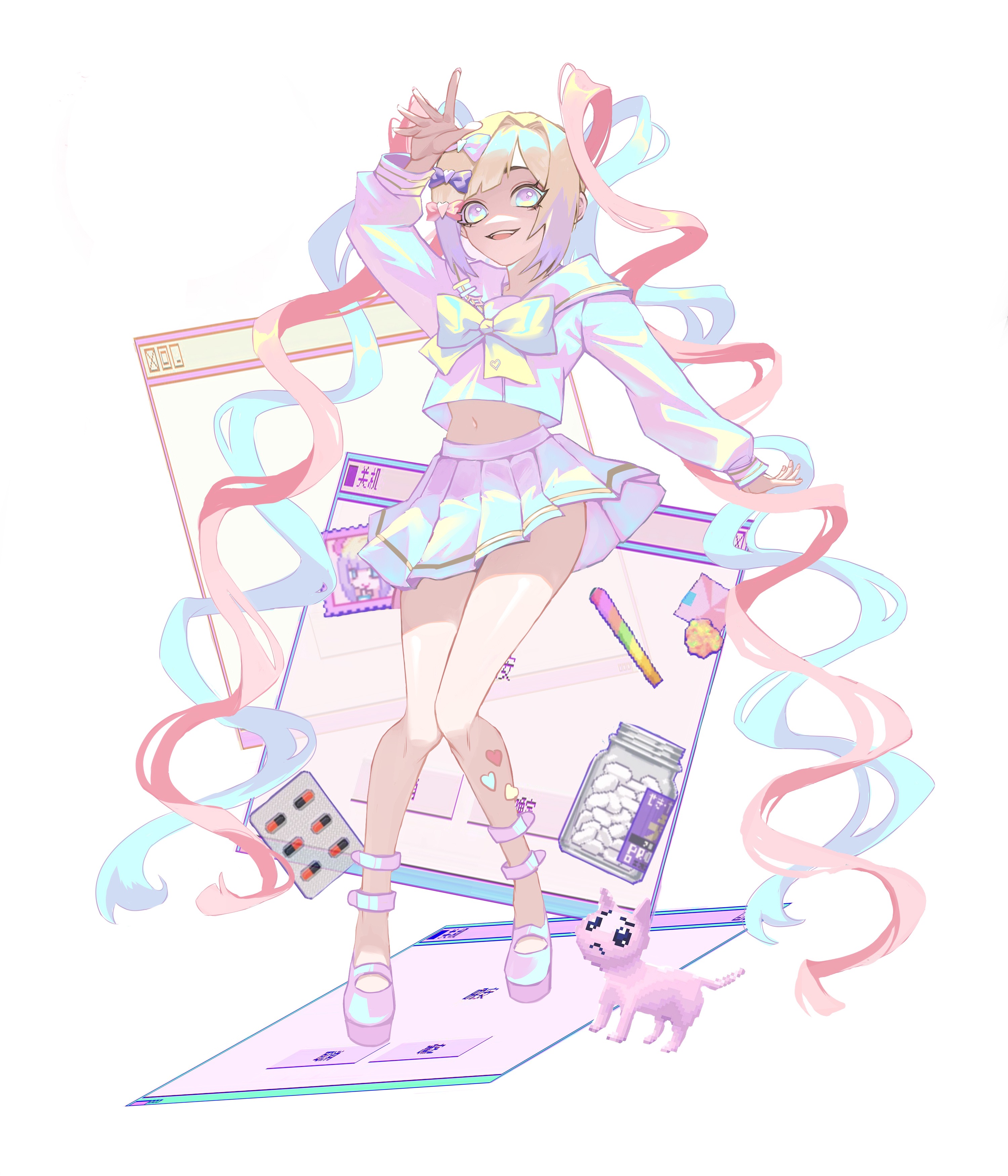 Safebooru - 1girl absurdres arm up bangs biaoliruyi904 blonde hair blue bow blue footwear blue ...