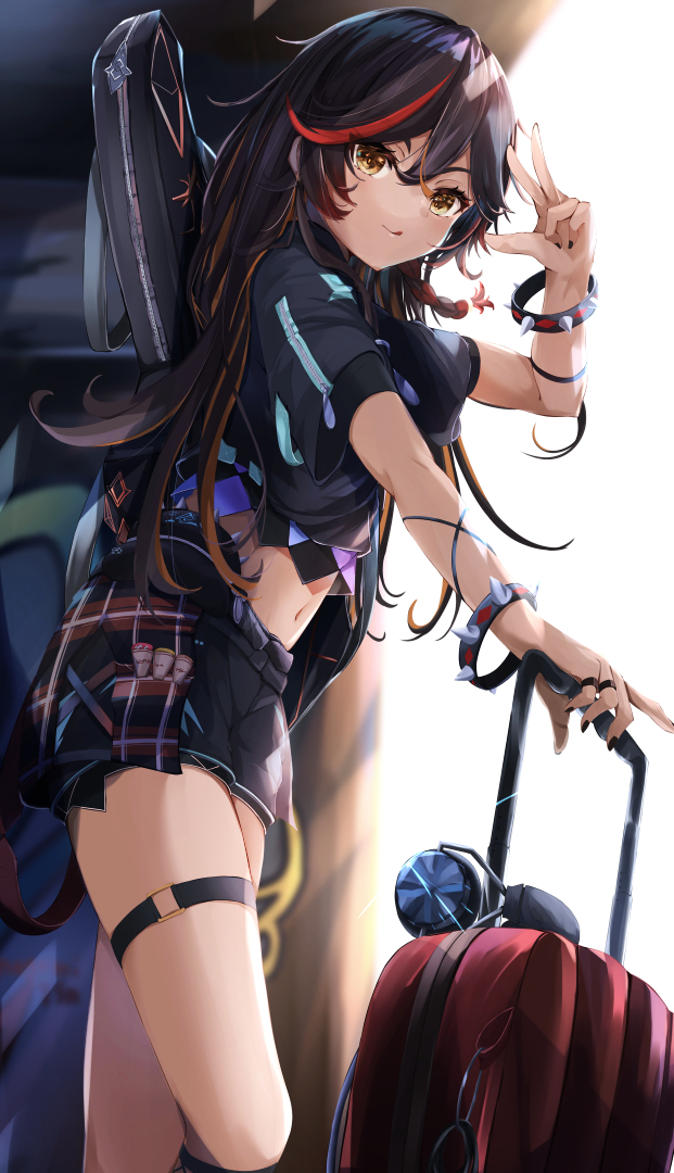 Safebooru - 1girl :q alternate costume arm strap arm up backlighting bangs black hair black ...