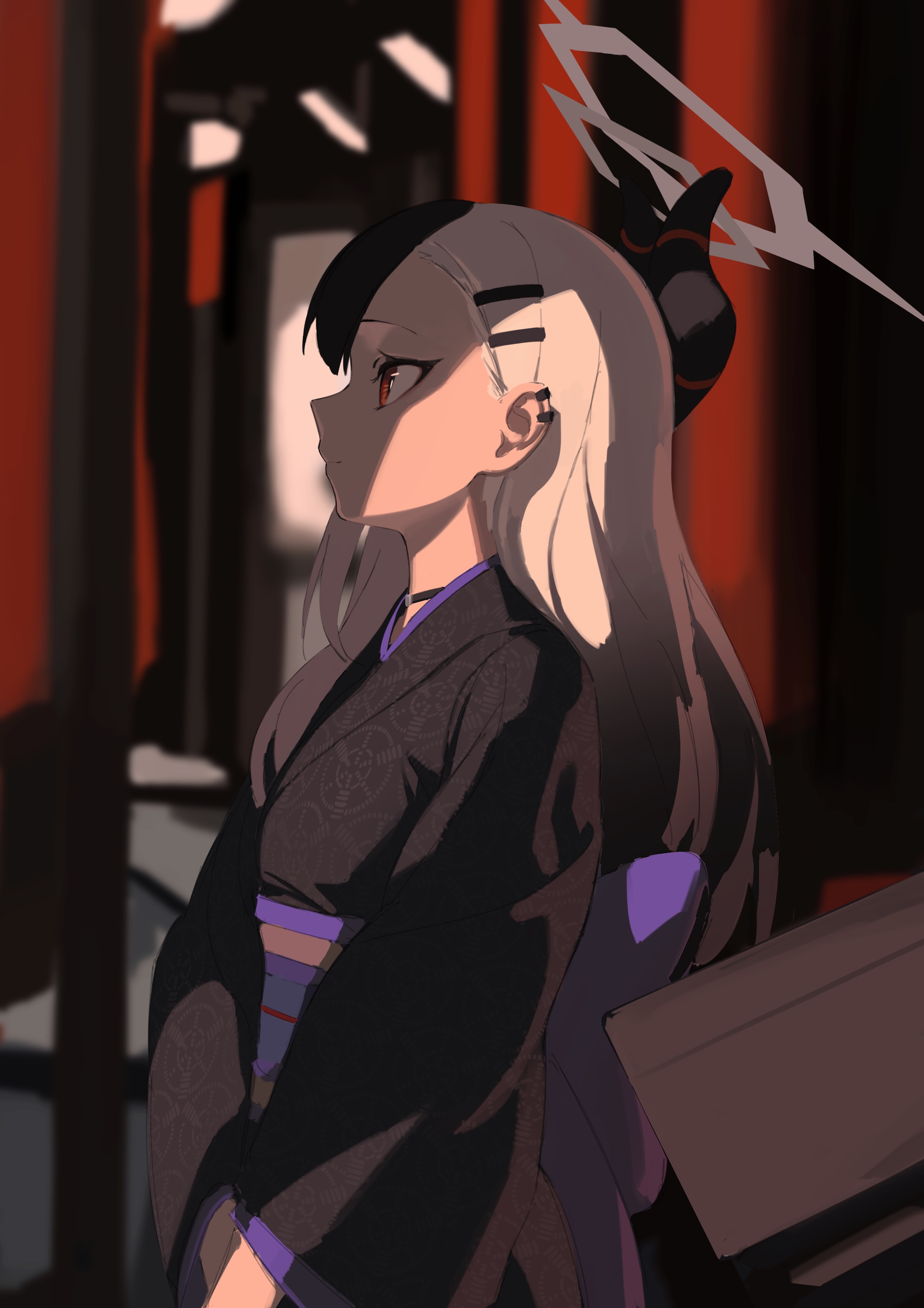 Safebooru - 1girl absurdres black choker black hair black horns black kimono blue archive blurry ...