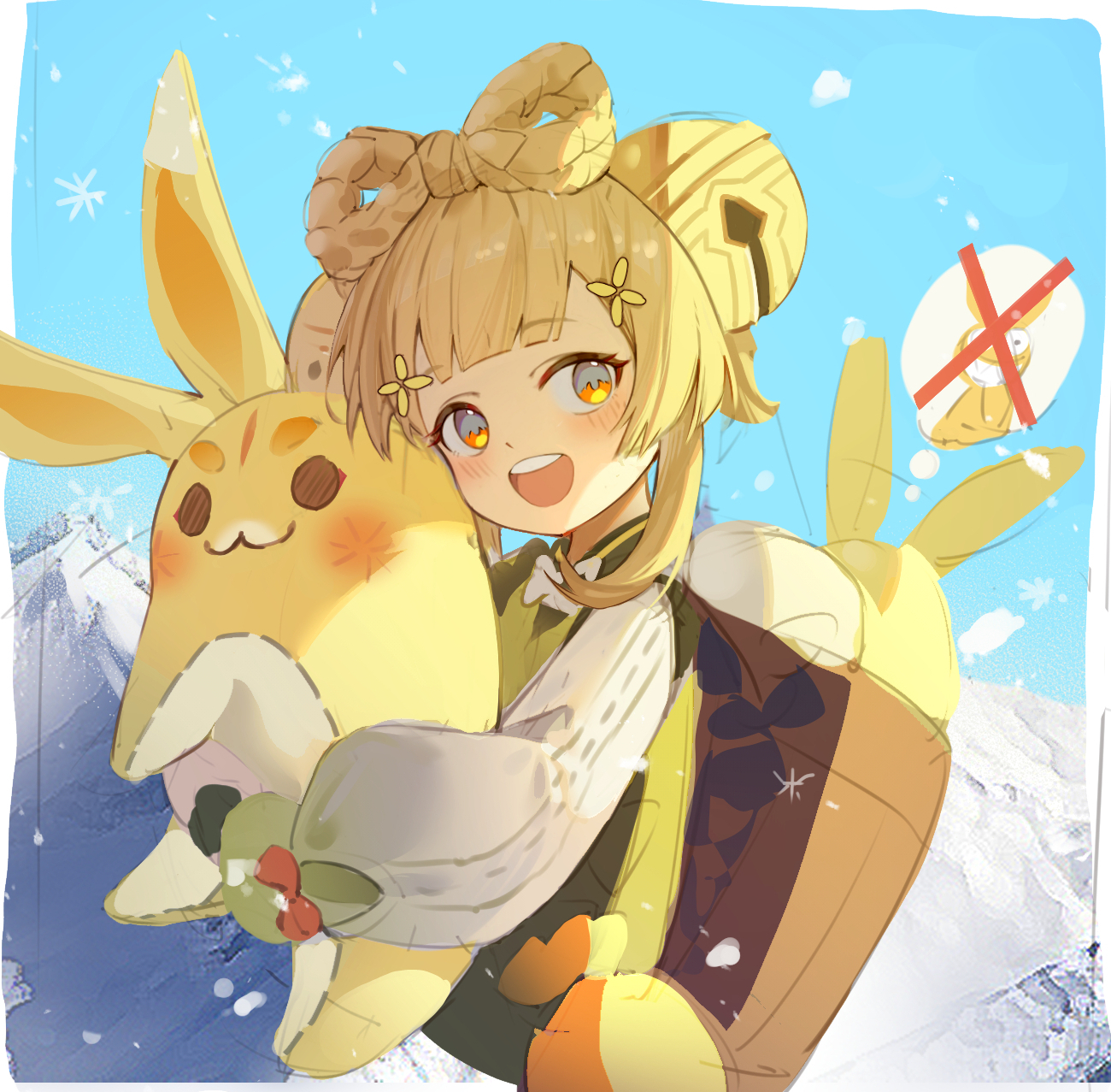 Safebooru - 1girl :d backpack bag bangs bell black gloves blonde hair blue sky blush braid ...