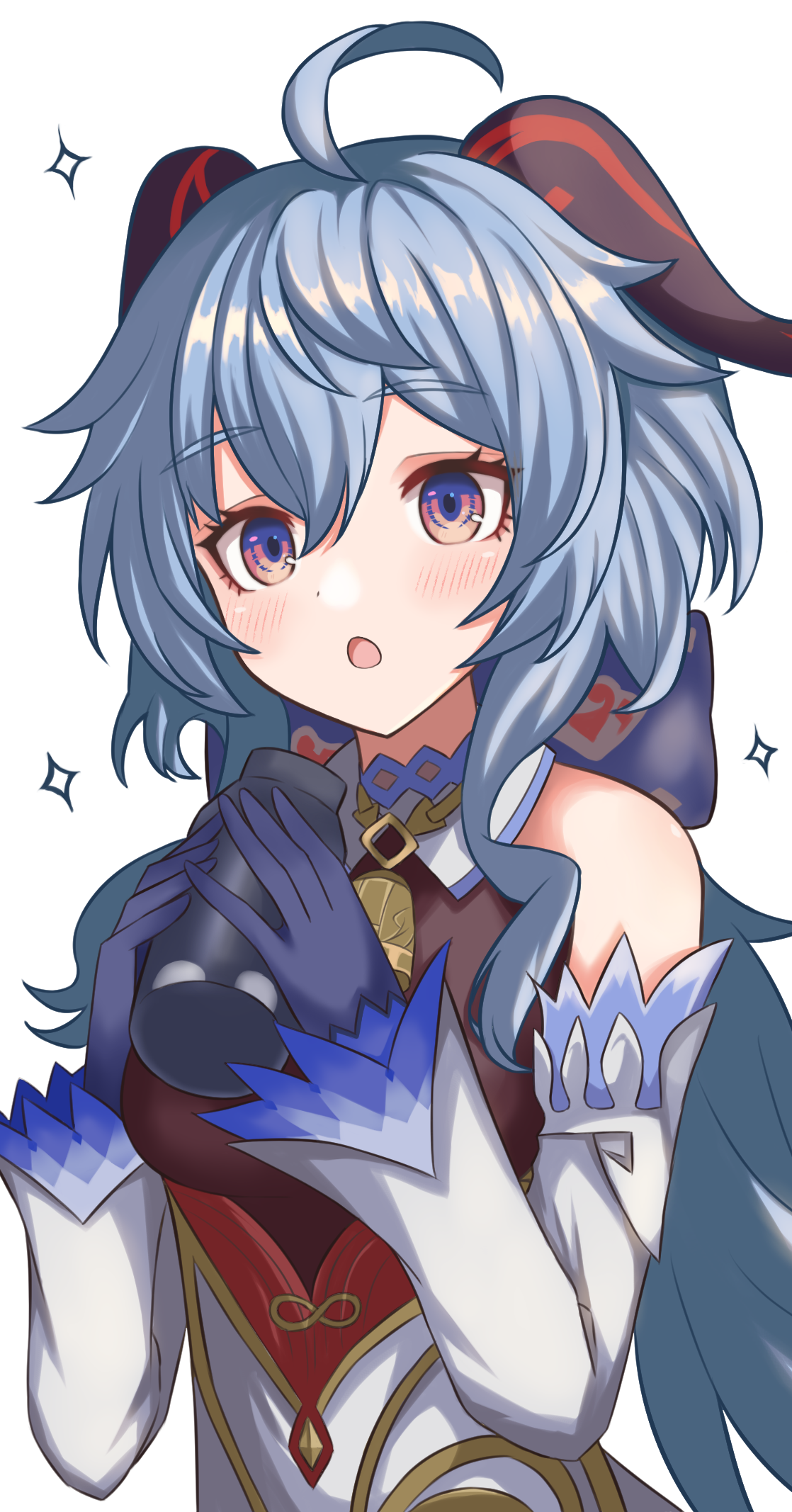 Safebooru - 1girl :o ahoge bangs bare shoulders bell blue gloves blue hair blush bottle bow ...