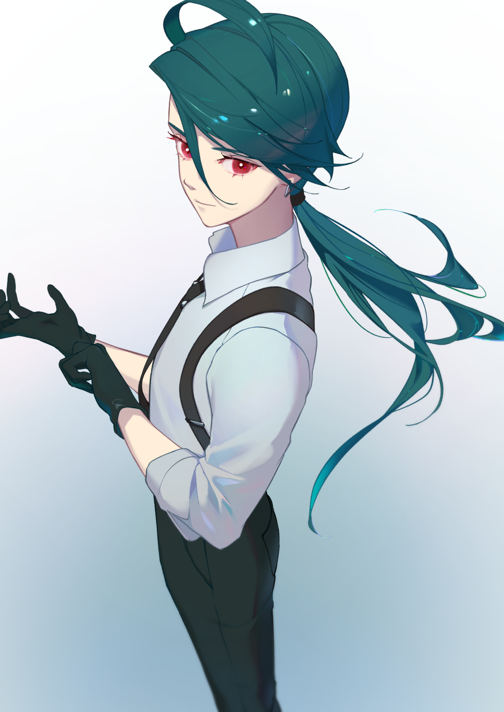 Safebooru - 1girl adjusting clothes adjusting gloves ahoge bangs black gloves black necktie ...