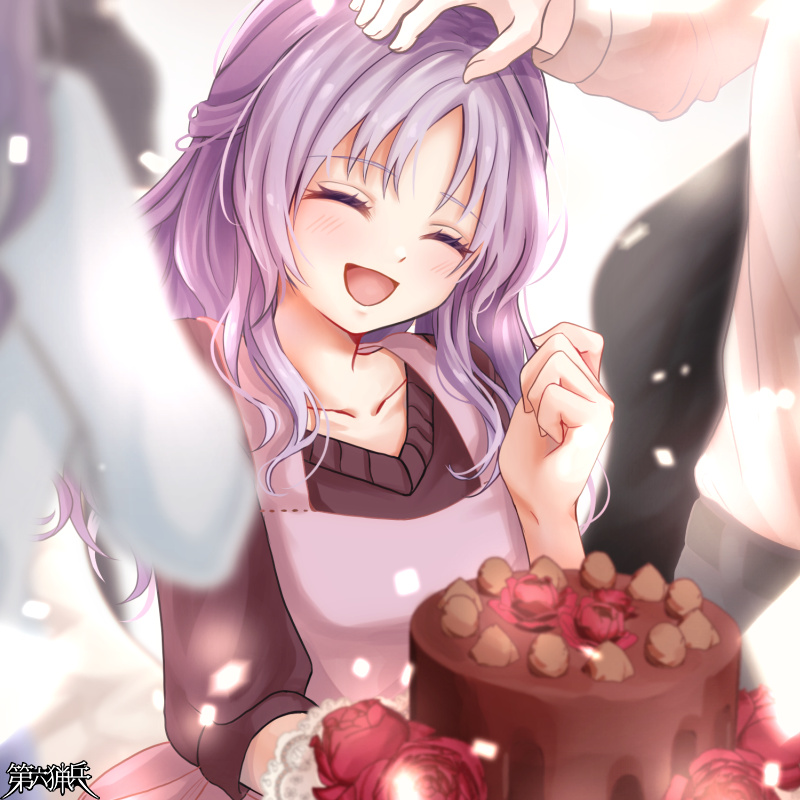 Safebooru - 1girl :d apron black shirt blurry blurry foreground cake chocolate cake closed eyes ...