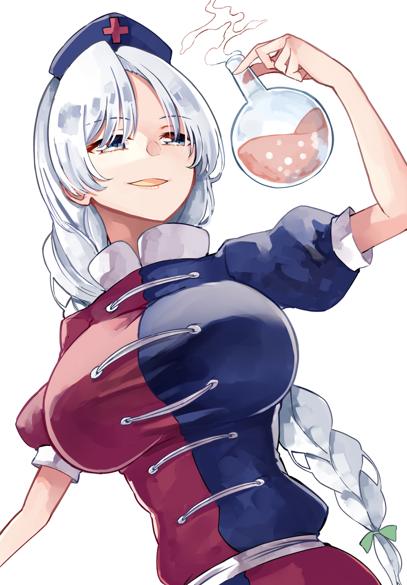 Safebooru - 1girl blue eyes blue headwear braid breasts cross deetamu flask hat highres holding ...