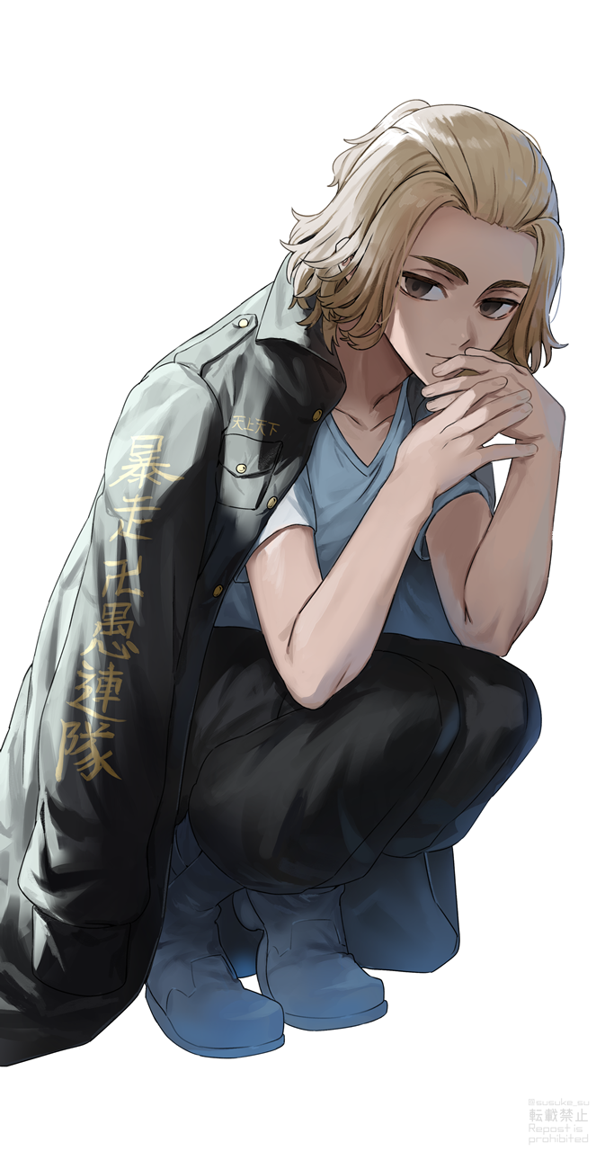 Safebooru - 1boy black coat black eyes black pants blonde hair boots closed mouth coat coat on ...