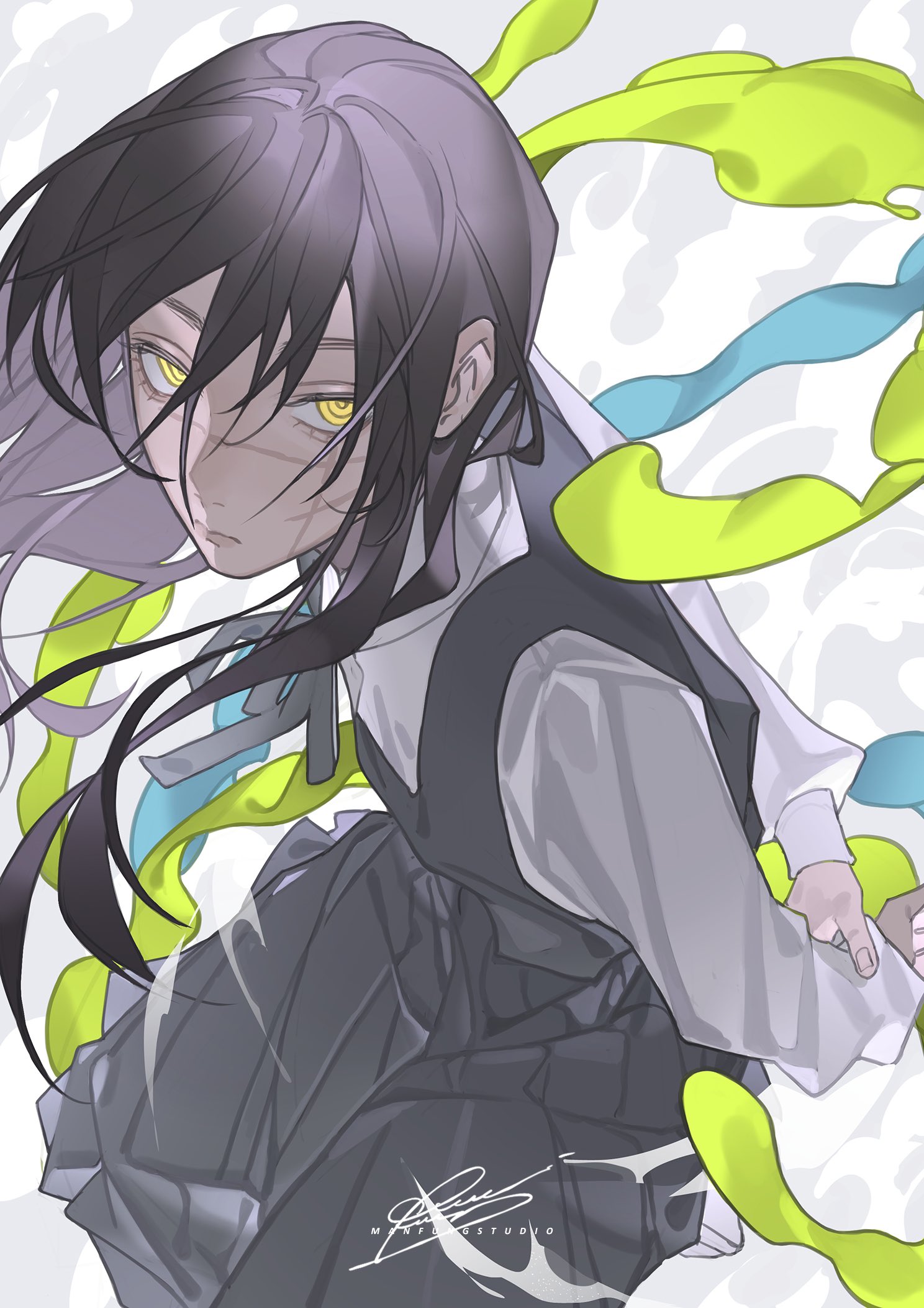 Safebooru - 1girl bangs black hair chainsaw man collared shirt cross scar dress floating hair ...