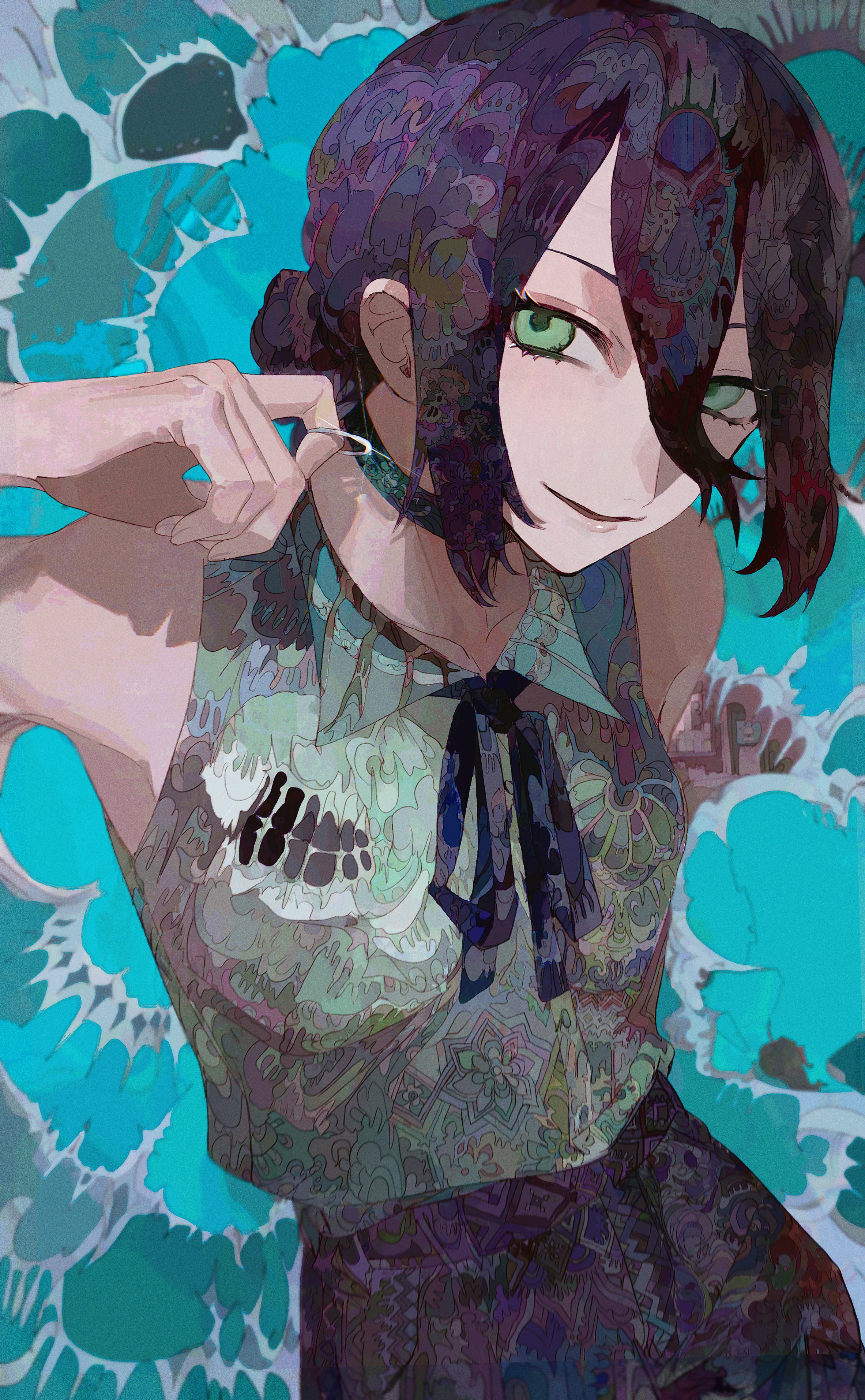 Safebooru - 1girl absurdres bangs black choker black ribbon blue background chainsaw man choker ...