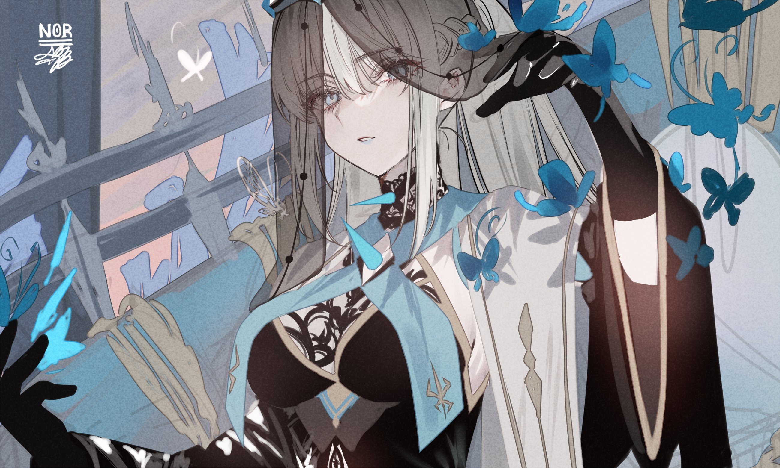 Safebooru - 1girl bangs black choker black dress black gloves blue bow blue eyes bow braid ...